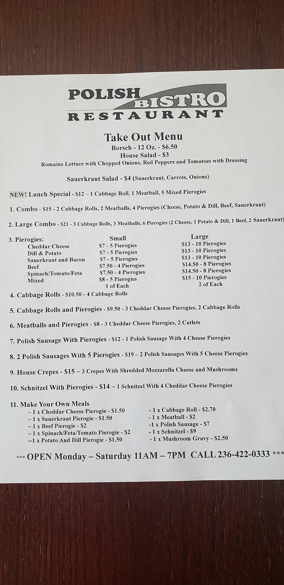 Menu at Polish Bistro restaurant, Penticton