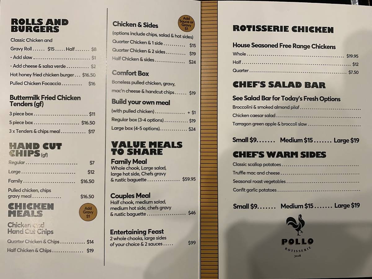 Menu at Pollo rotisserie restaurant, Geelong West