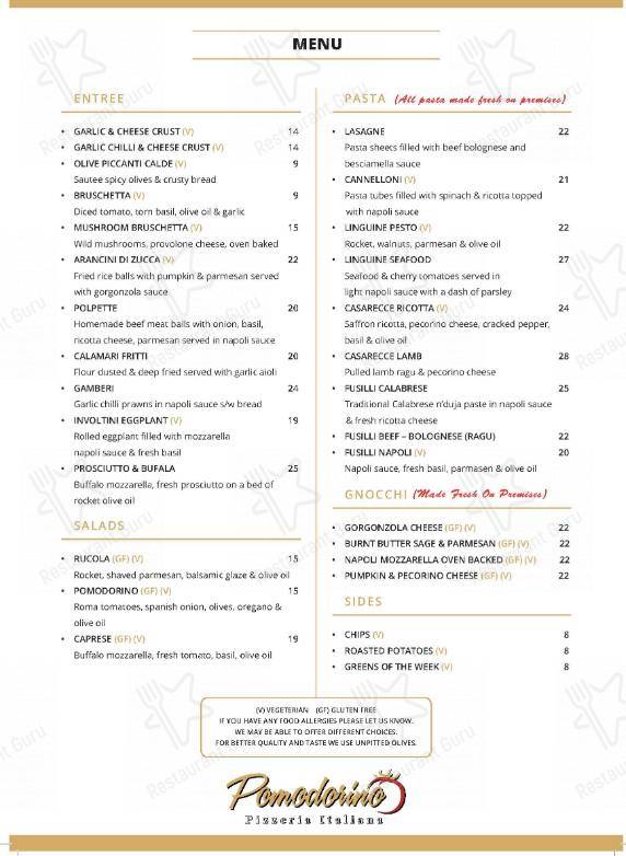Menu at Pomodorino Pizzeria Italiana, Marrickville