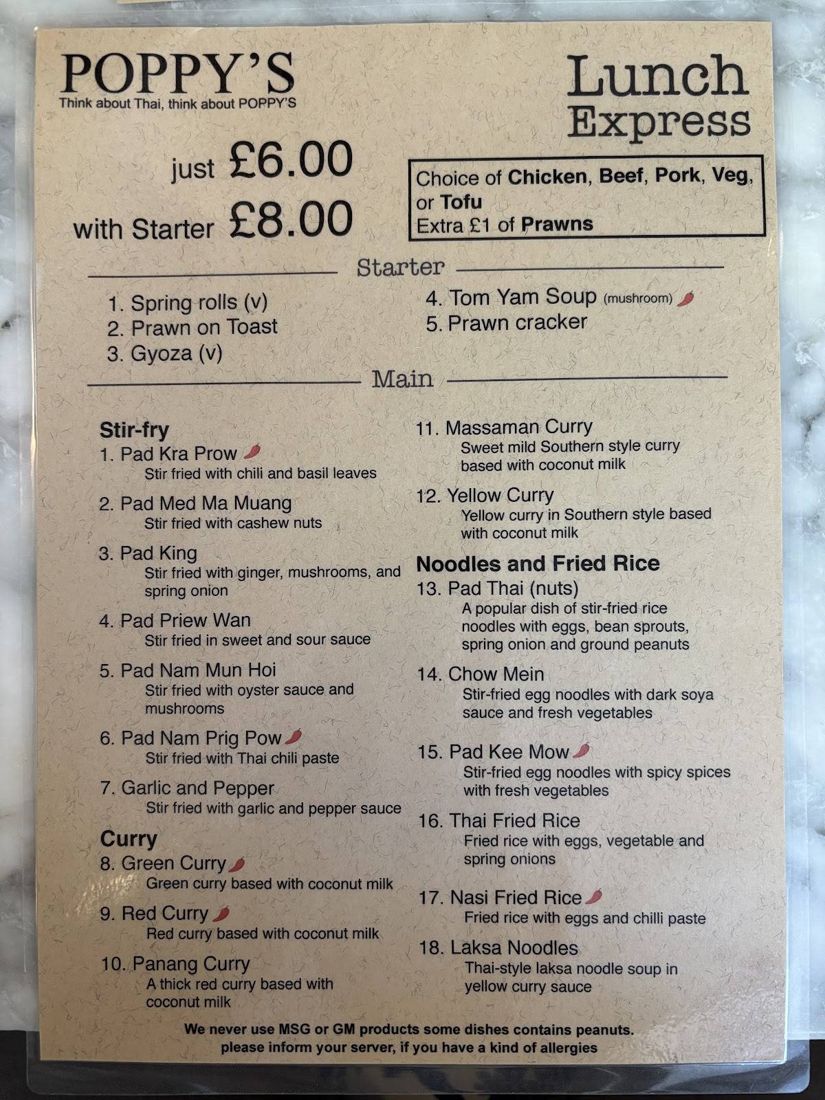 Menu at Poppy’s 2 restaurant, London, Greyhound Rd
