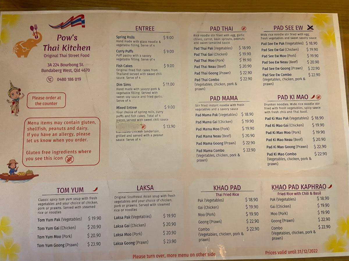 Menu at Pow's Thai Kitchen fast food, Bundaberg West, 3a/224 Bourbong St