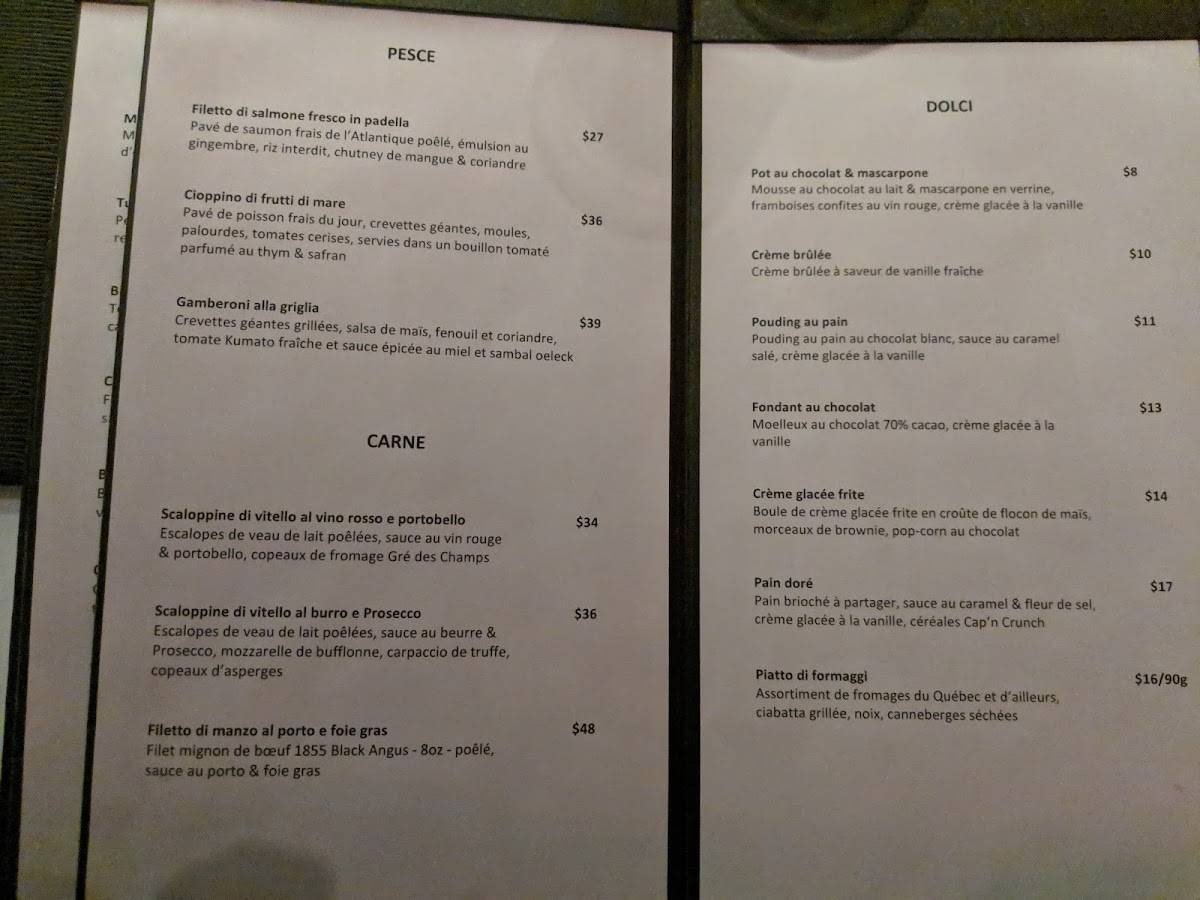 Menu au Primi Piatti restaurant, Saint-Lambert