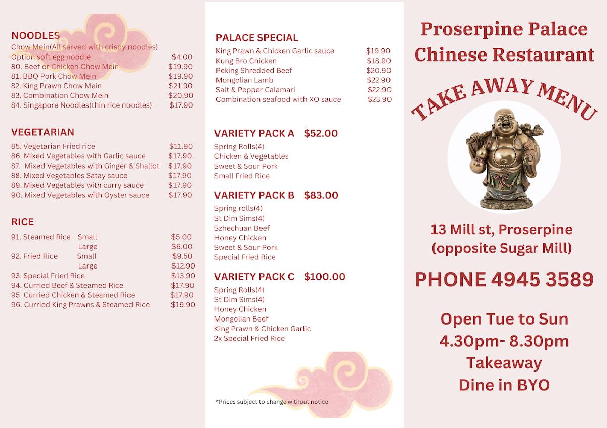 Menu at Proserpine Palace Chinese Restaurant, Proserpine