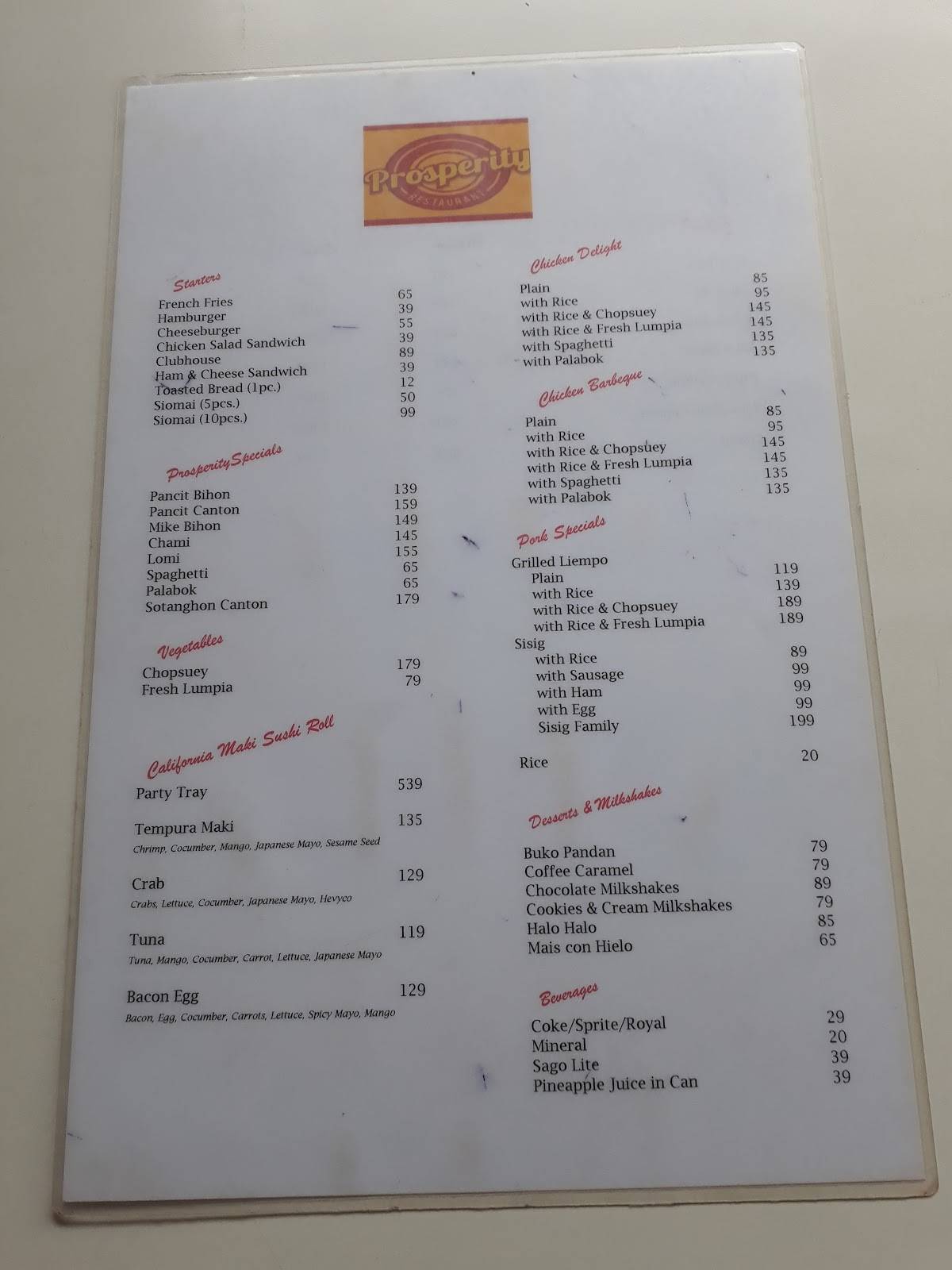 Menu at Prosperity Food House restaurant, San Pablo City, 389F+VWM