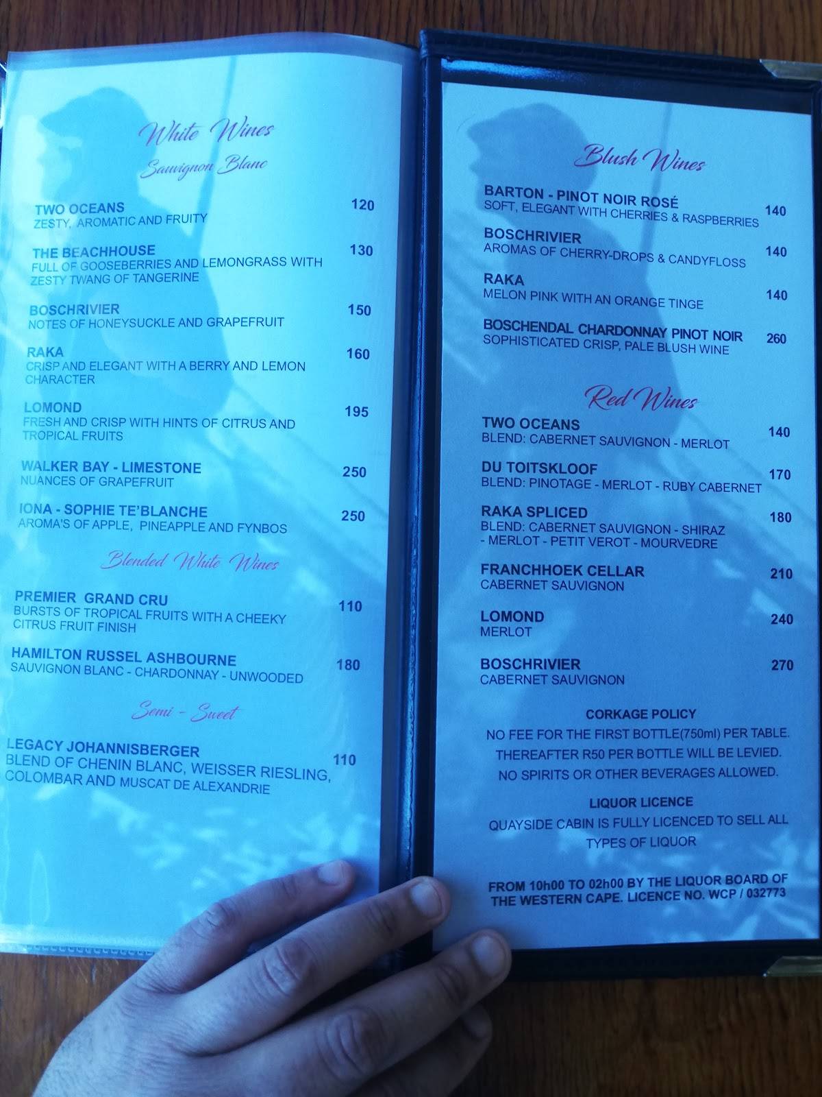 Menu at Quayside Cabin restaurant, Hermanus