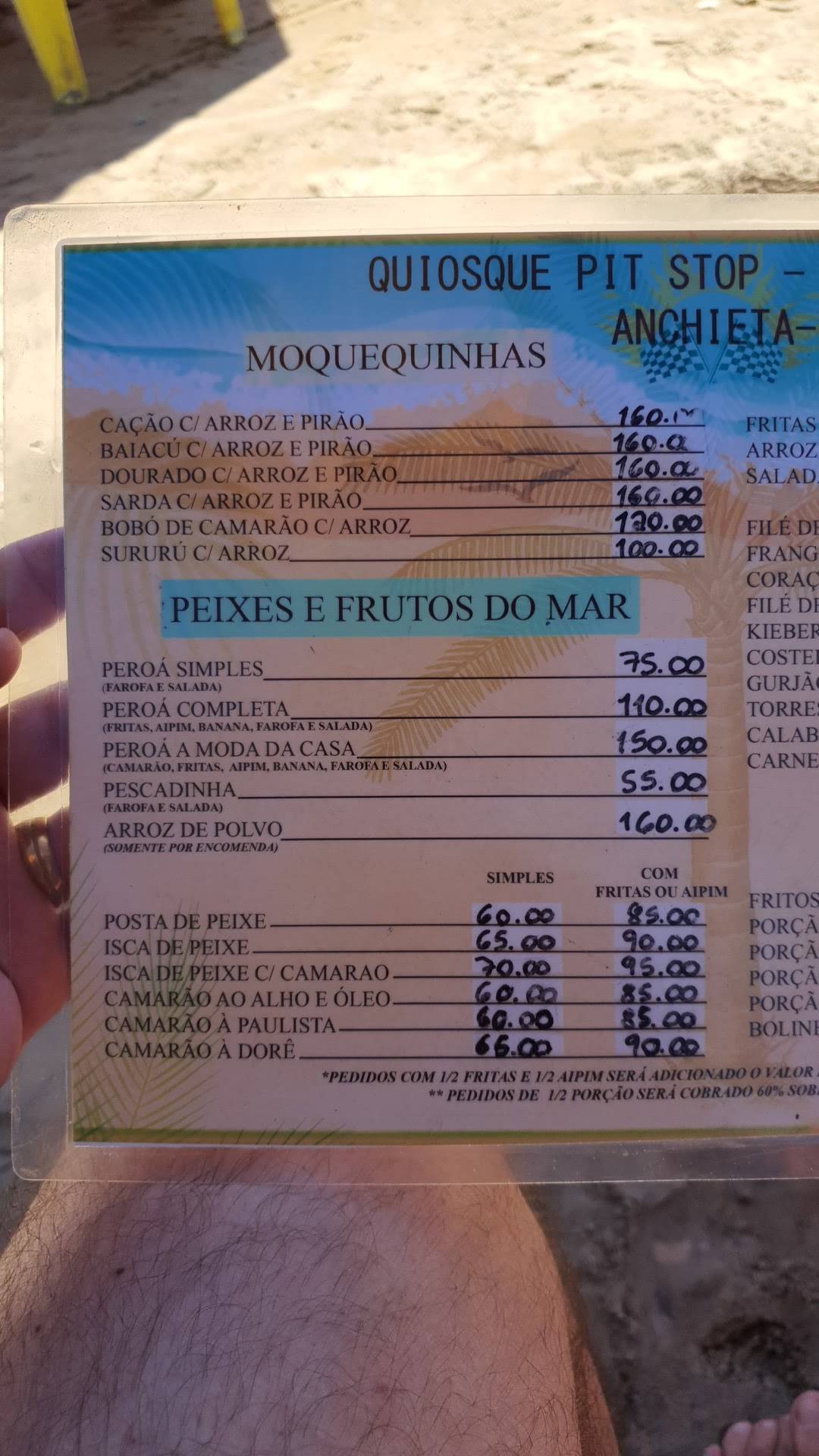Menu at Quiosque Pit Stop restaurant, Anchieta, Praia de Ubú