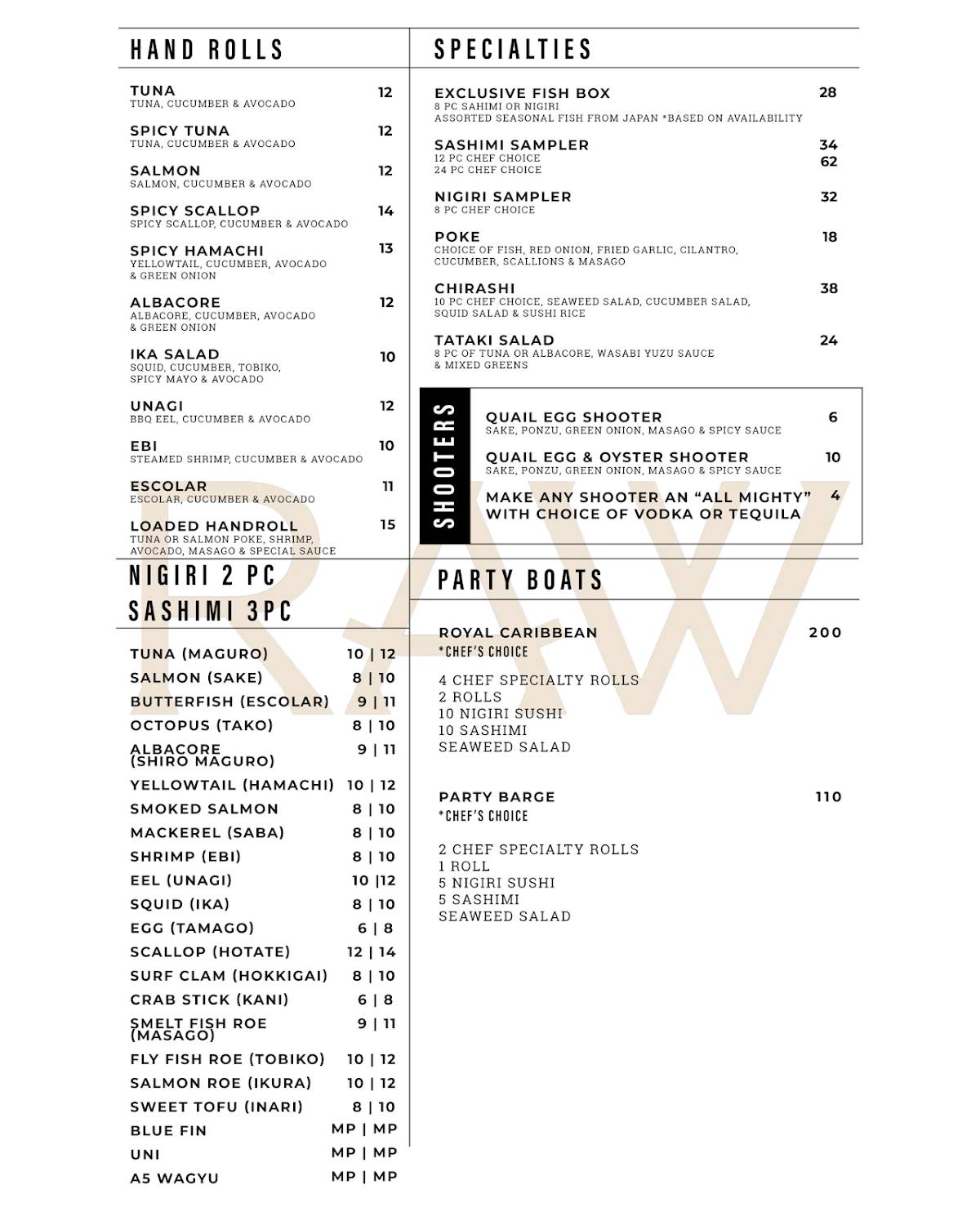 Menu at RAW restaurant, Redding