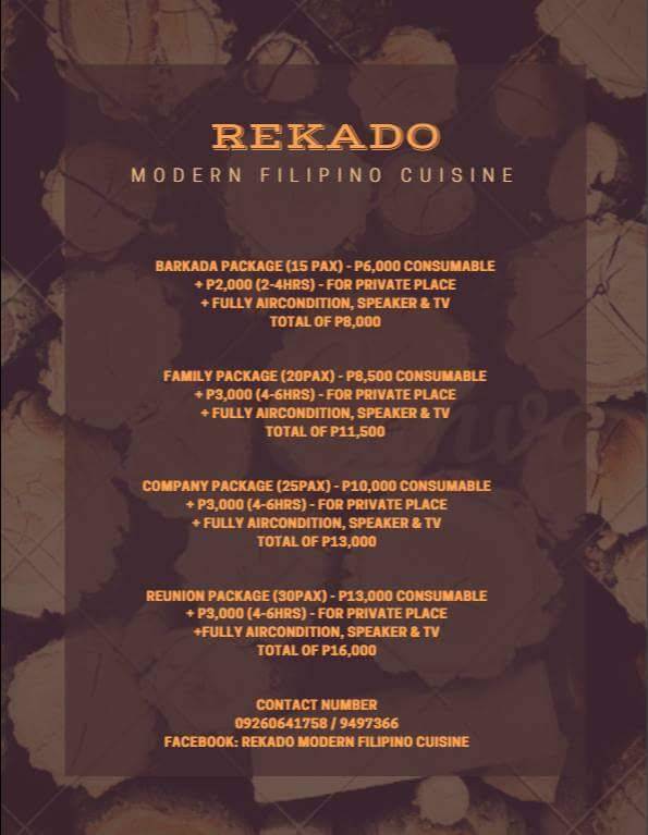 Menu at REKADO MODERN FILIPINO CUISINE restaurant, Marikina, Lot 17 ...