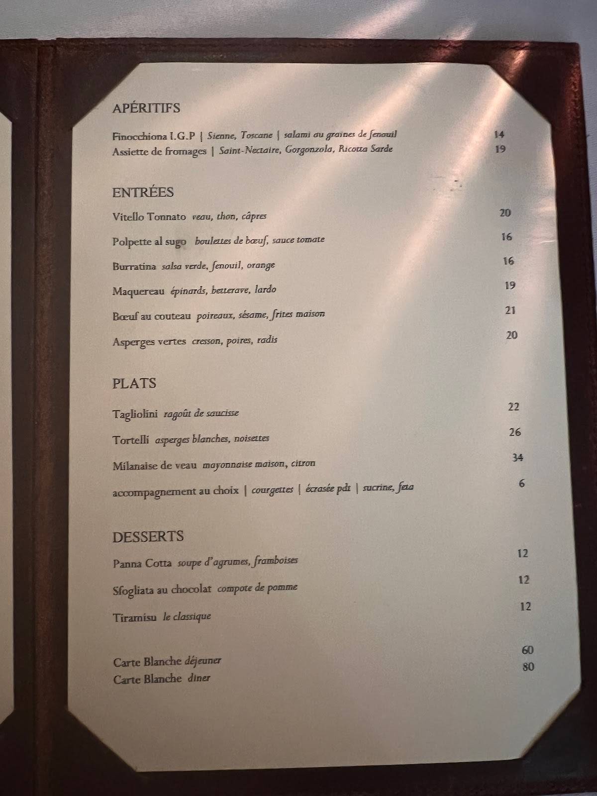 Menu at Racines restaurant, Paris, 8 Pass. des Panoramas