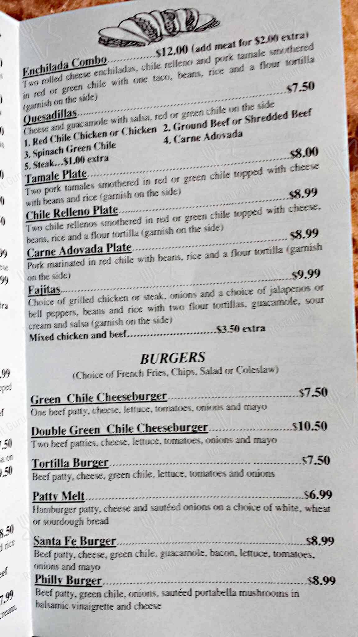 Menu at Ramblin' Cafe, Santa Fe