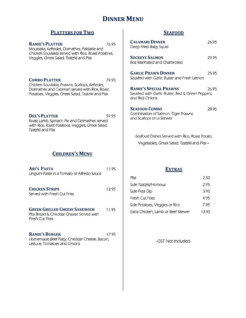 Menu at Ramie's Greek Restaurant - Delta, Delta