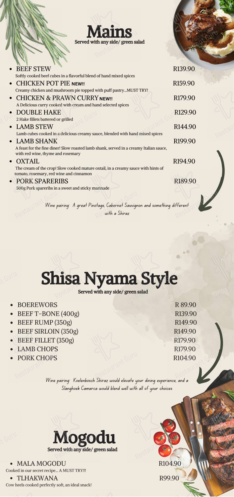 Menu at Re kaofela African cuisine restaurant, Klerksdorp