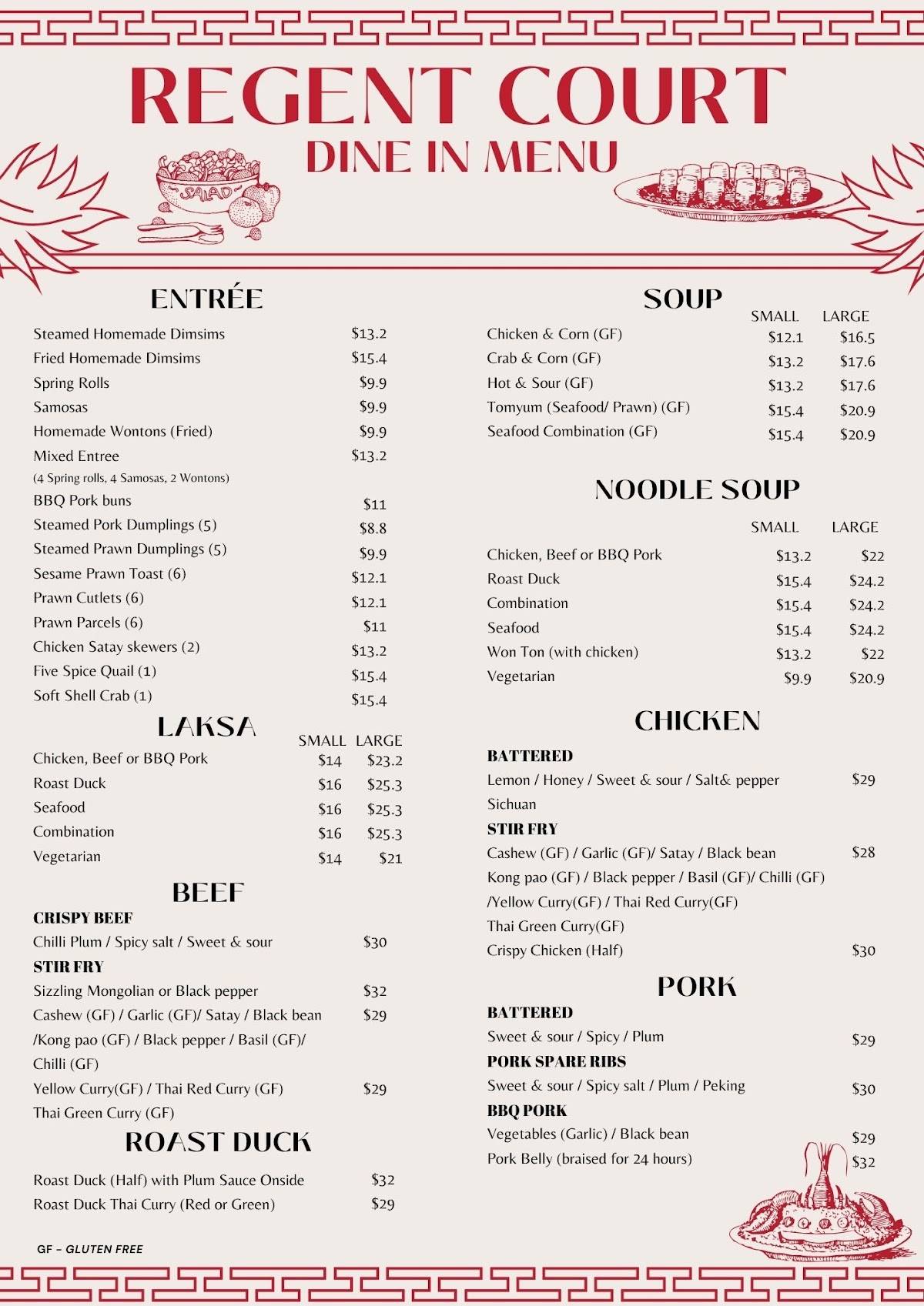 Menu at Regent Court Chinese Restaurant, Katherine