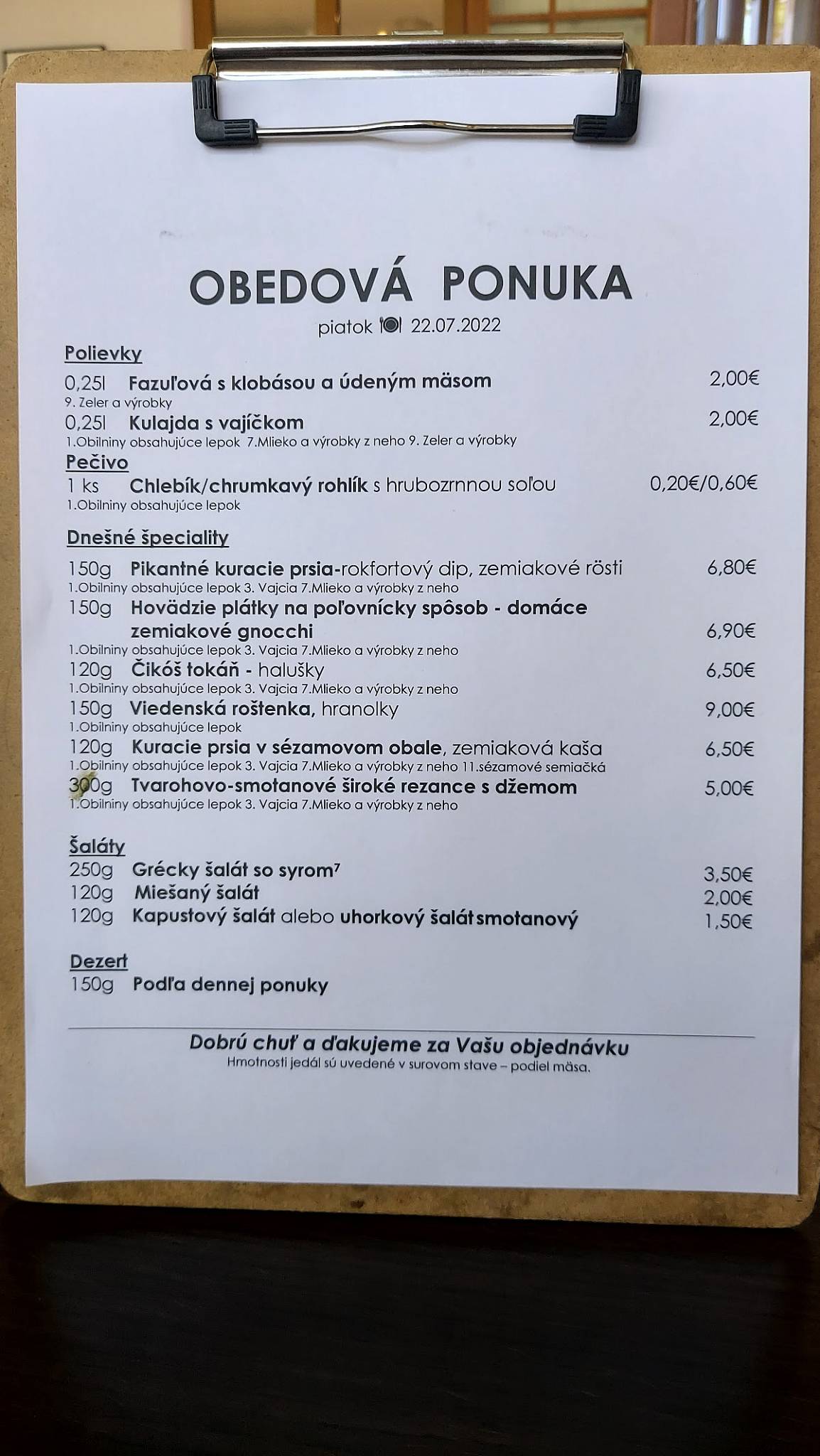 Menu at Reštaurácia Stop cafe, Galanta