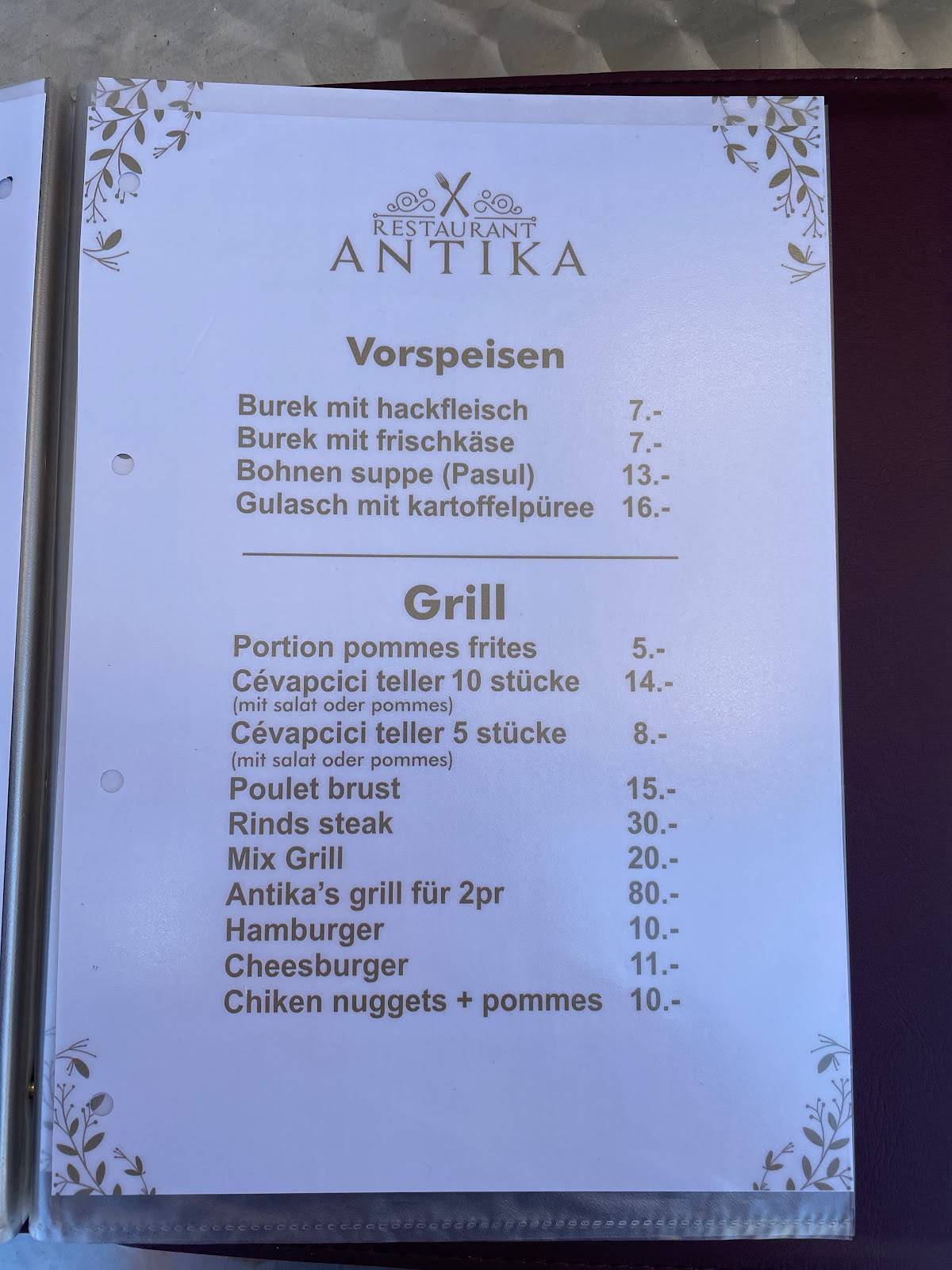Speisekarte von Restaurant Antika, Unterkulm