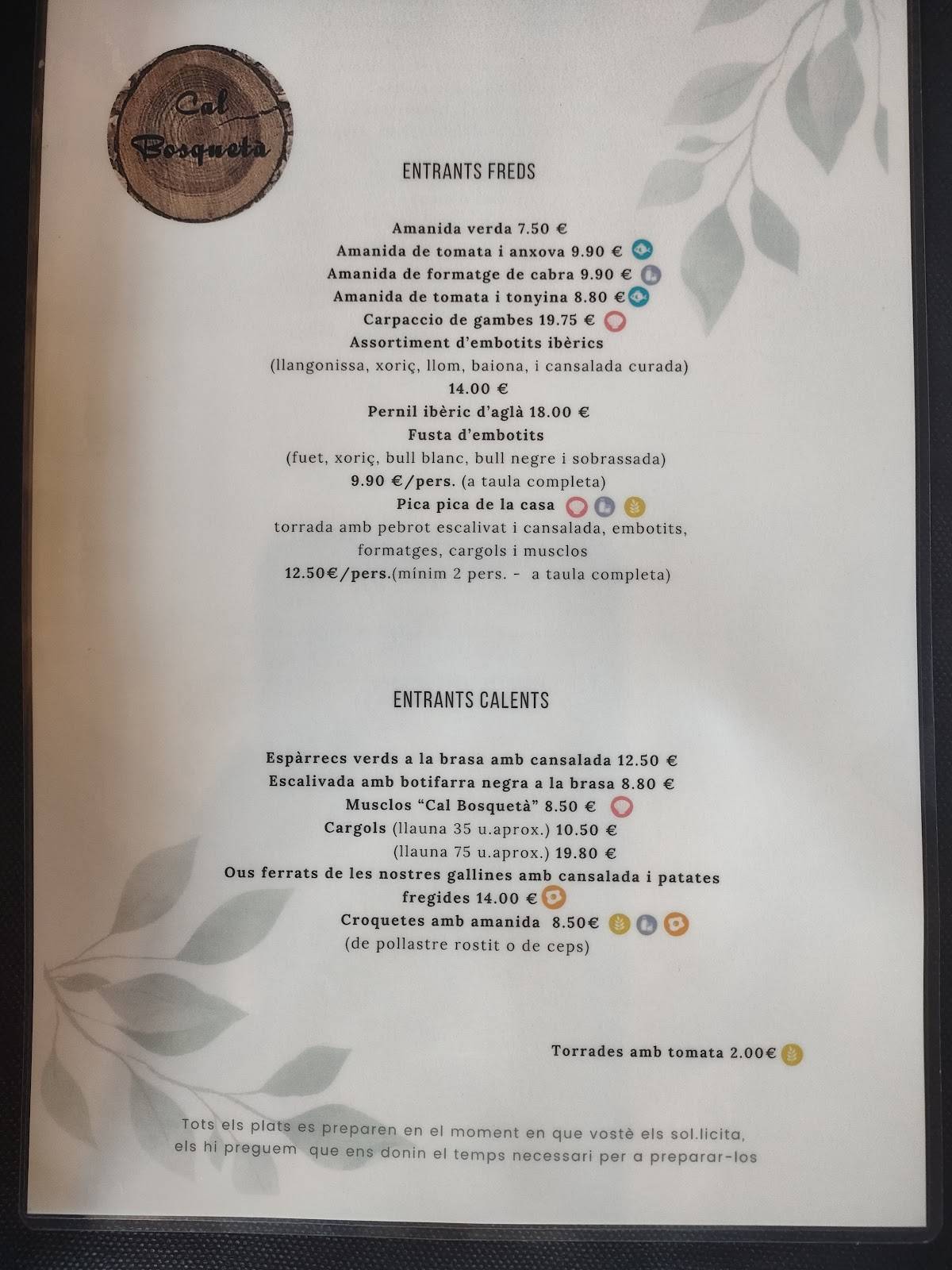 Carta de Restaurant Cal Bosquetà, España