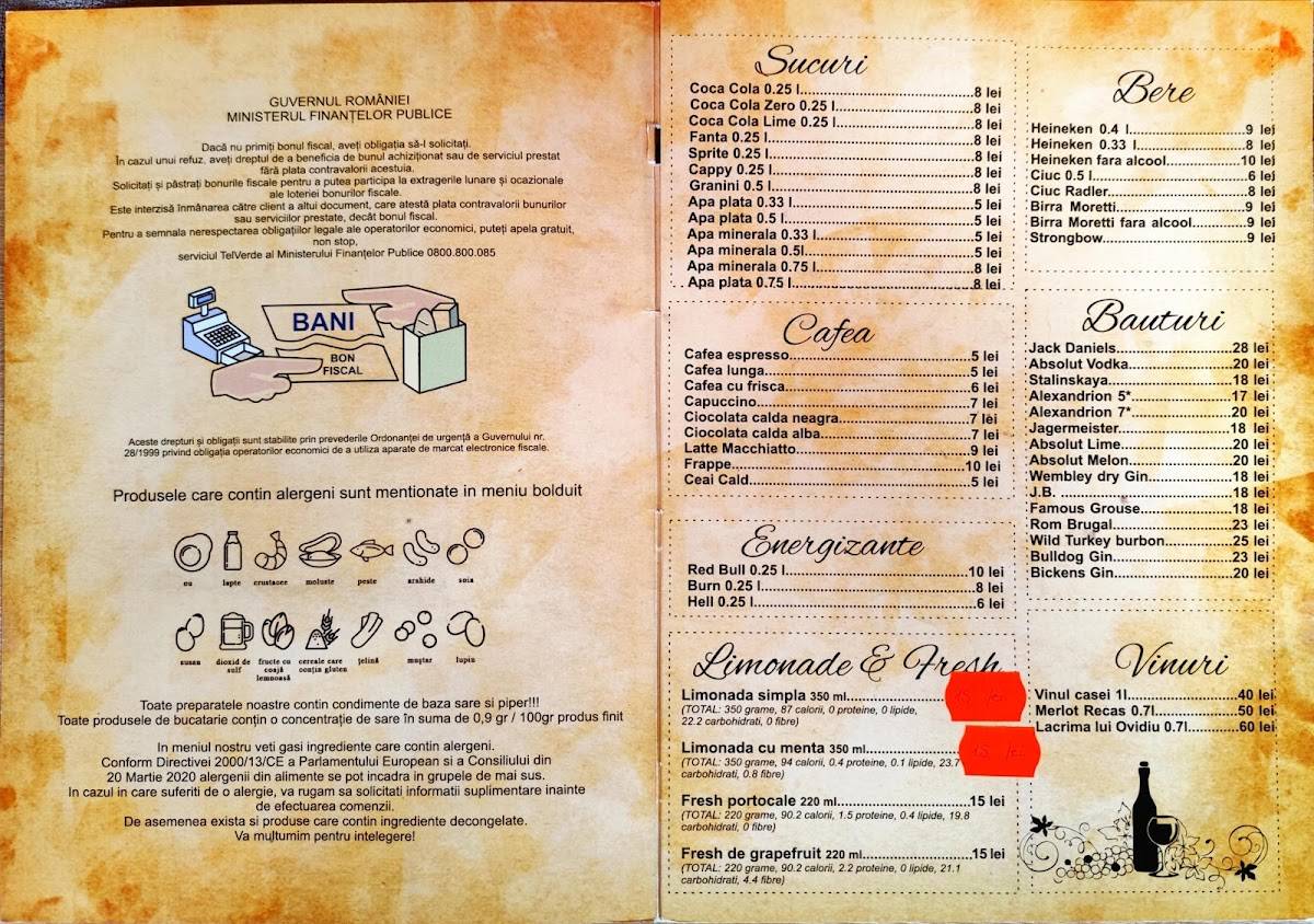 Menu au Restaurant Elias, Gătaia