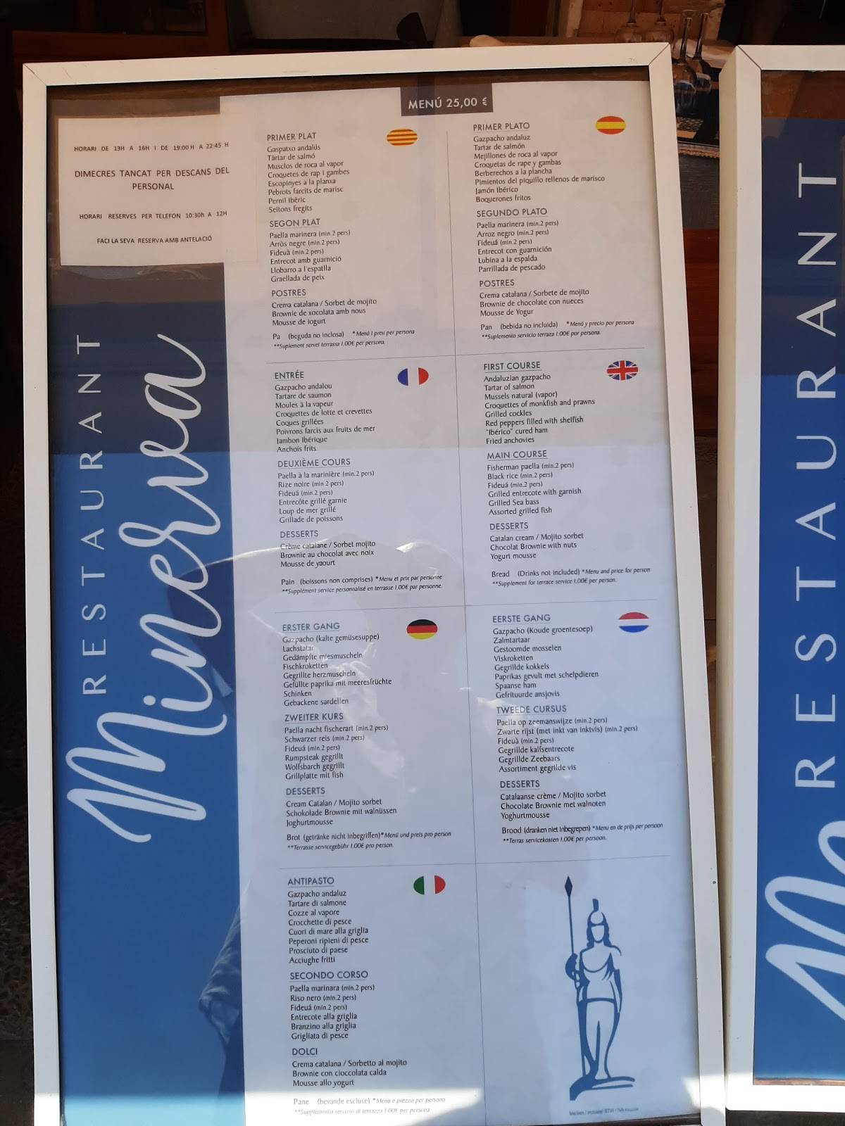 Carta de Restaurant Minerva, Tossa de Mar