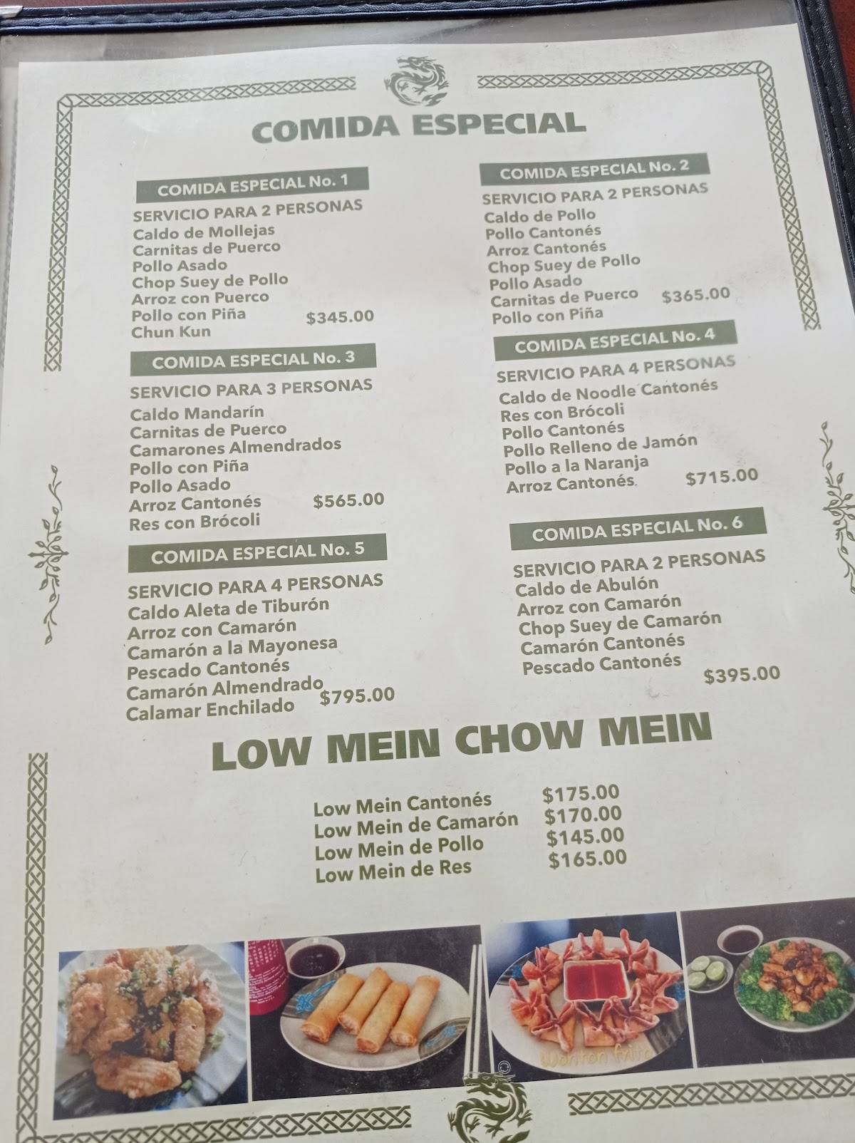 Carta de Restaurante Dragon Verde, Tijuana