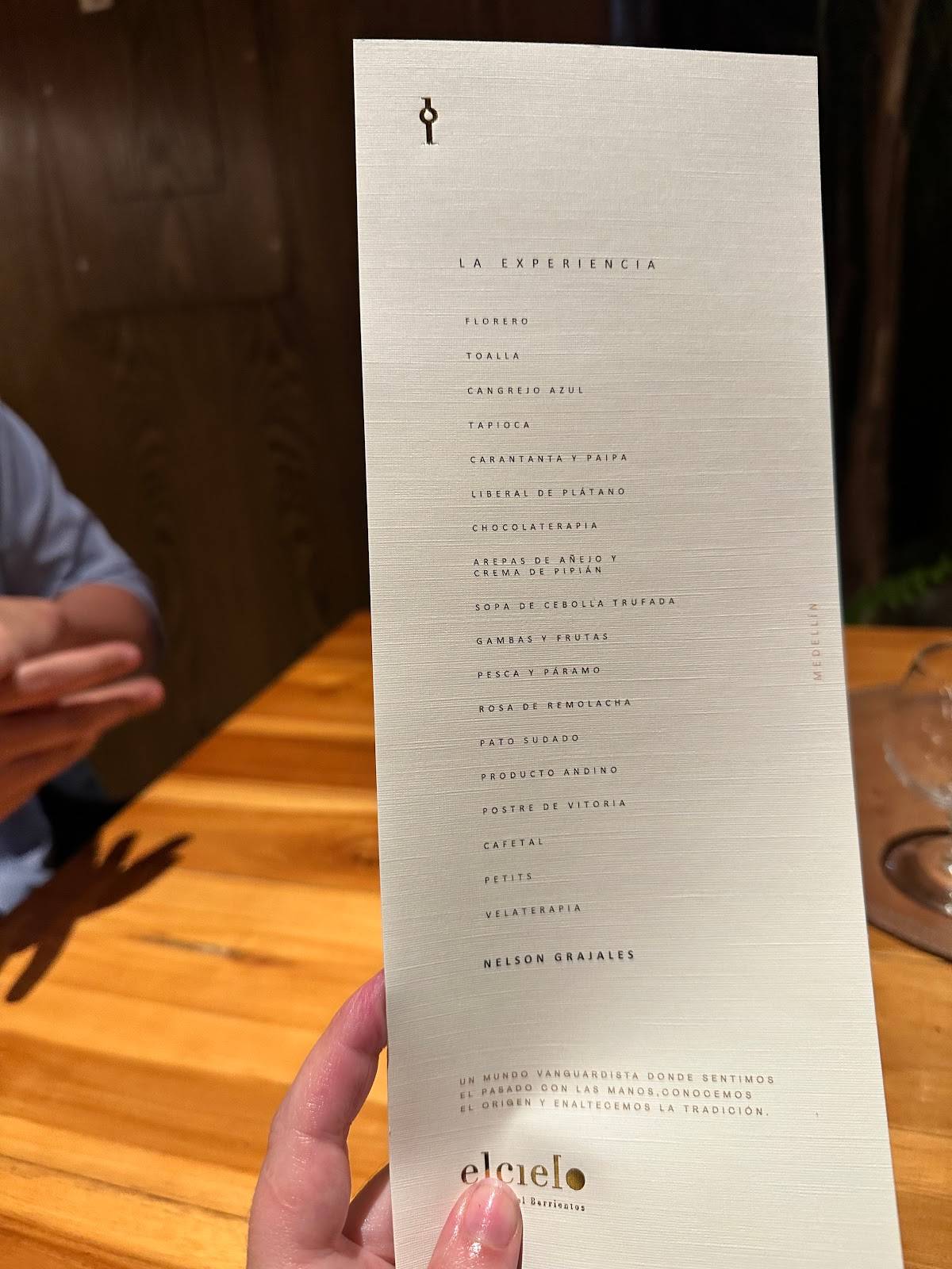 Menu at El Cielo restaurant, Medellín