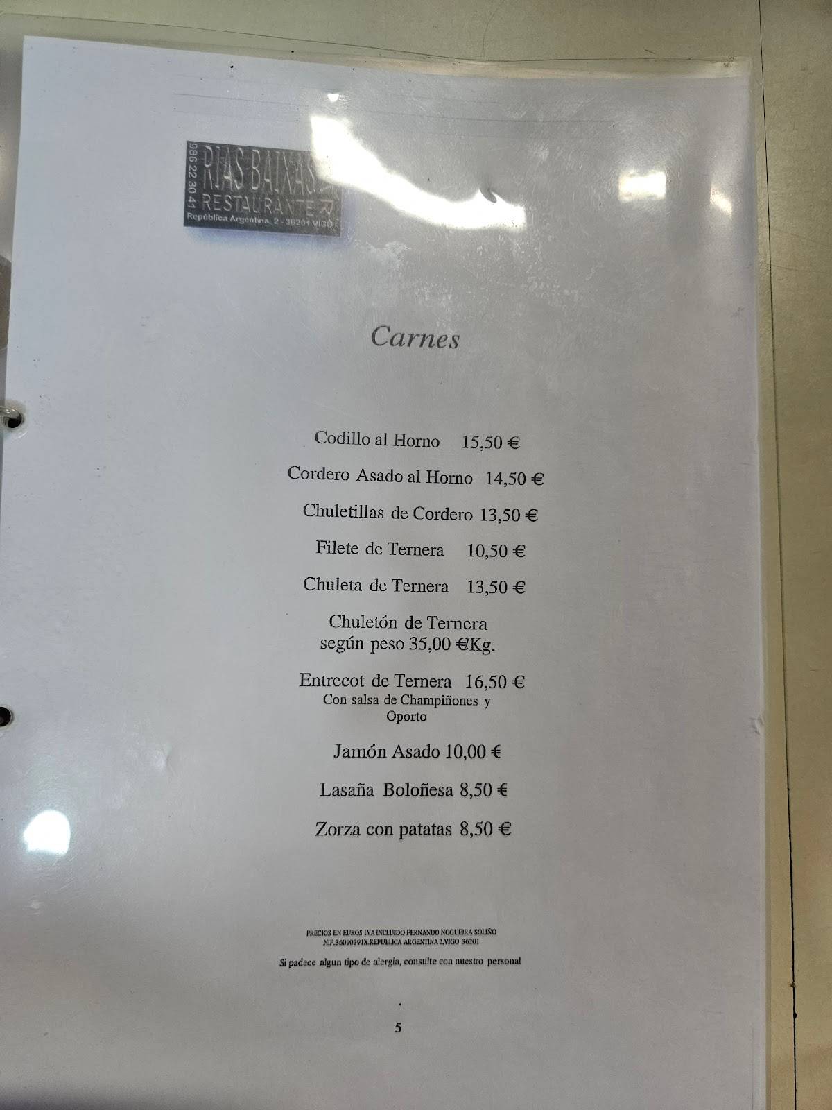 Carta de Restaurante Rias Baixas 1, Vigo