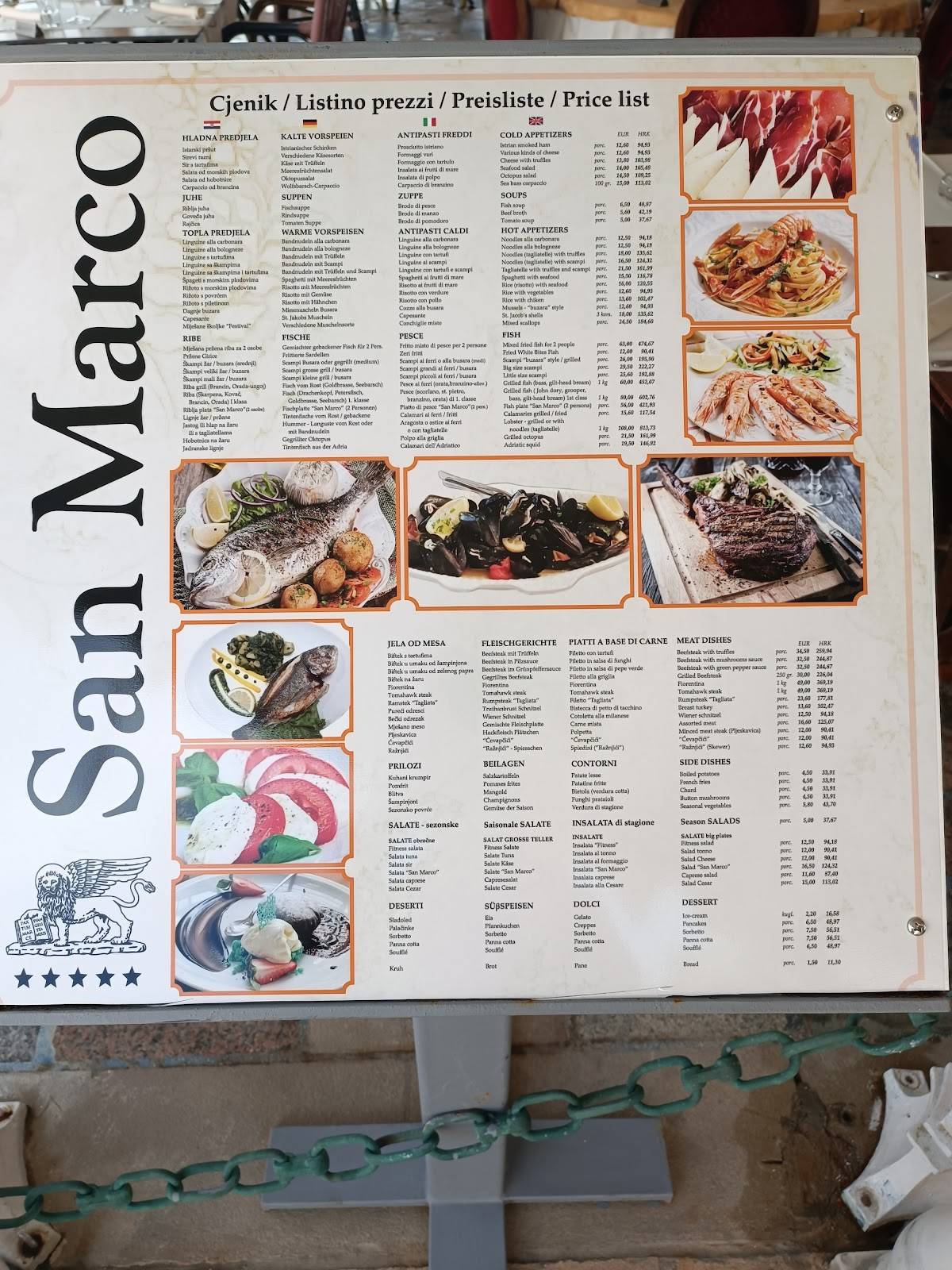 Menu au Restoran San Marco restaurant, Umag