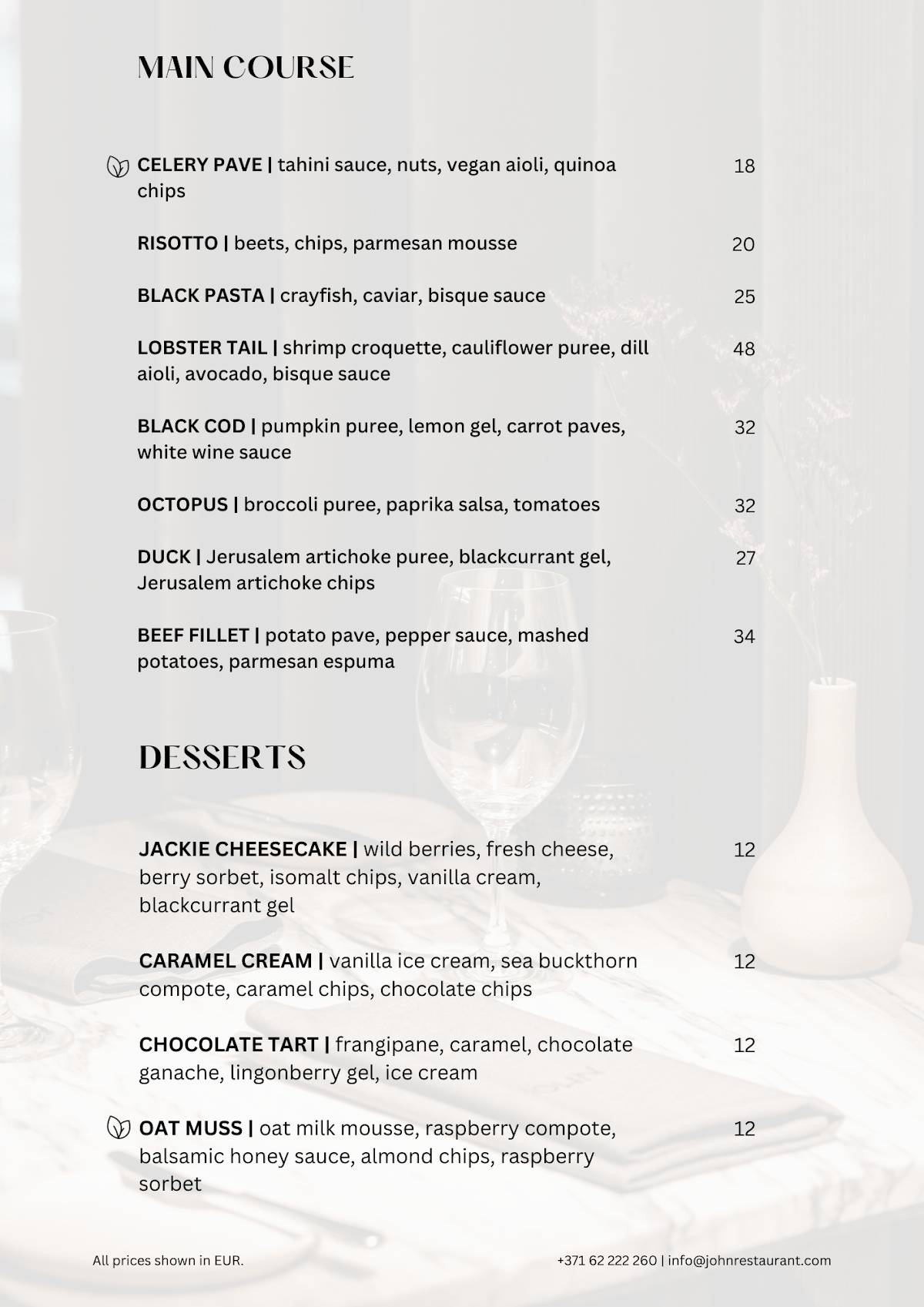 Speisekarte von Restorāns John restaurant, Riga
