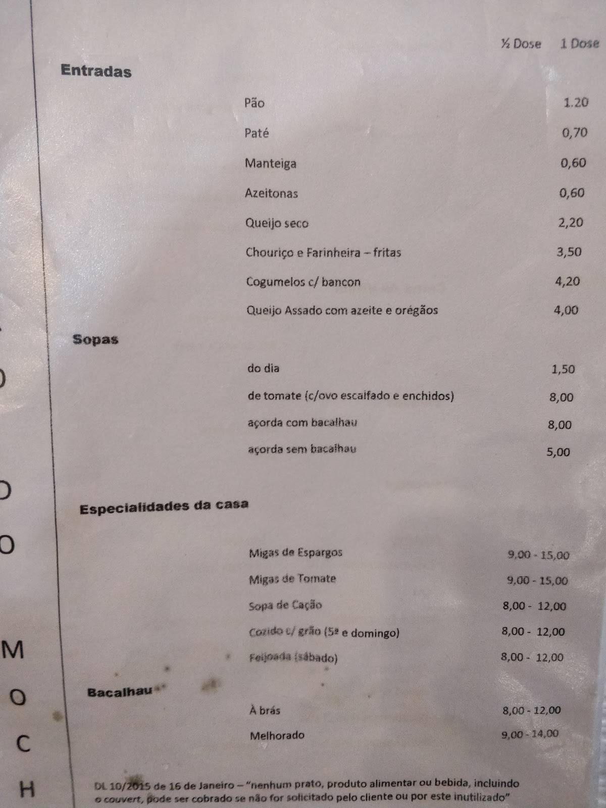 Menu em Retiro do Mocho restaurante, Montargil