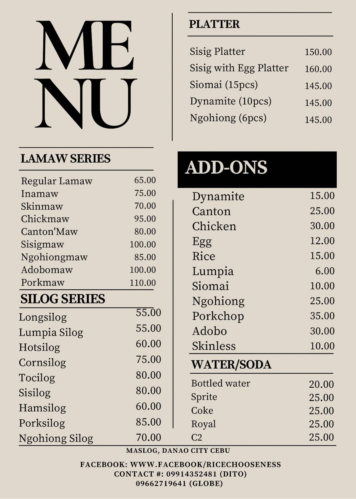 Menu at Ricechooseness Foodhouse restaurant, Danao City