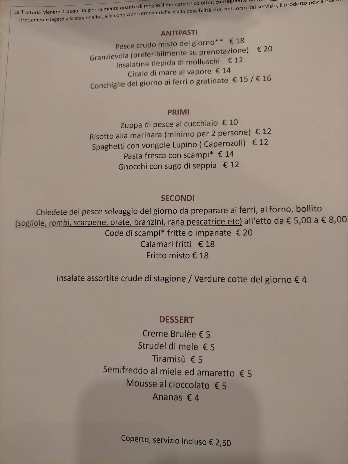 Menu da Menarosti ristorante, Trieste, Via del Toro