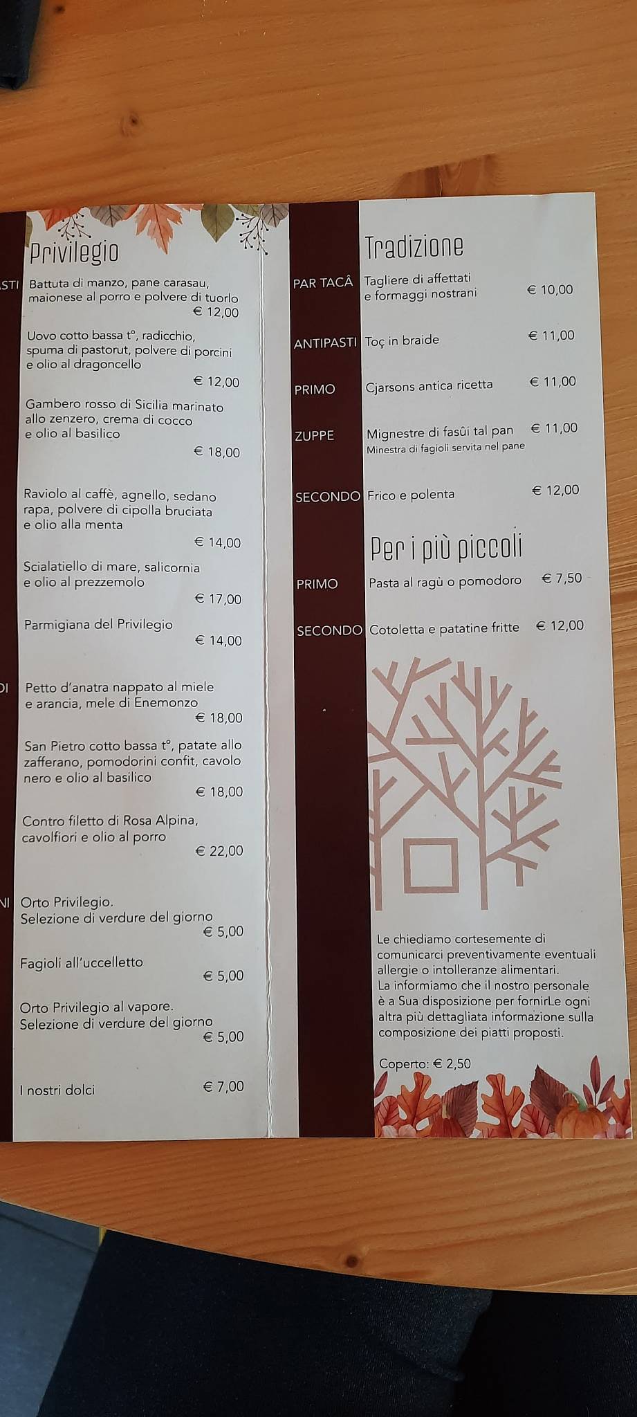 Menu da Ristorante Privilegio, Enemonzo