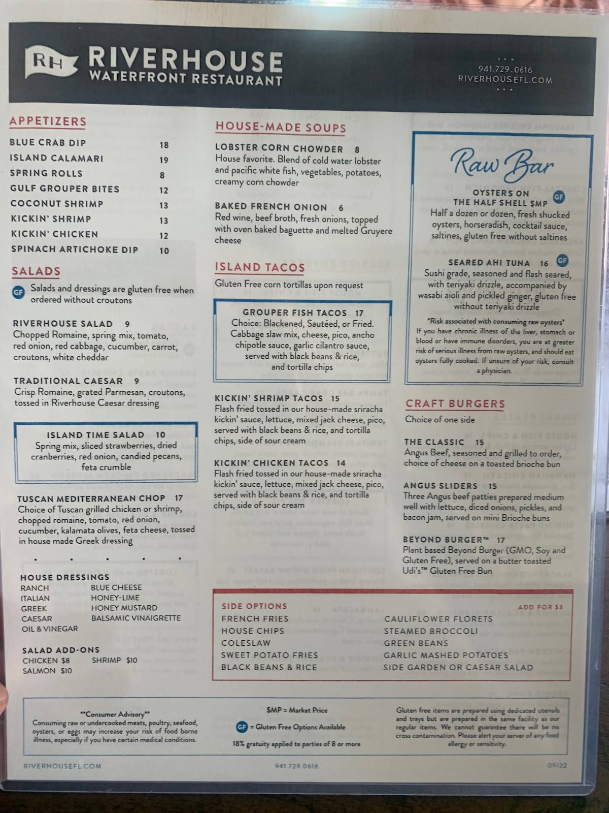 Menu at Riverhouse Waterfront Restaurant, Palmetto