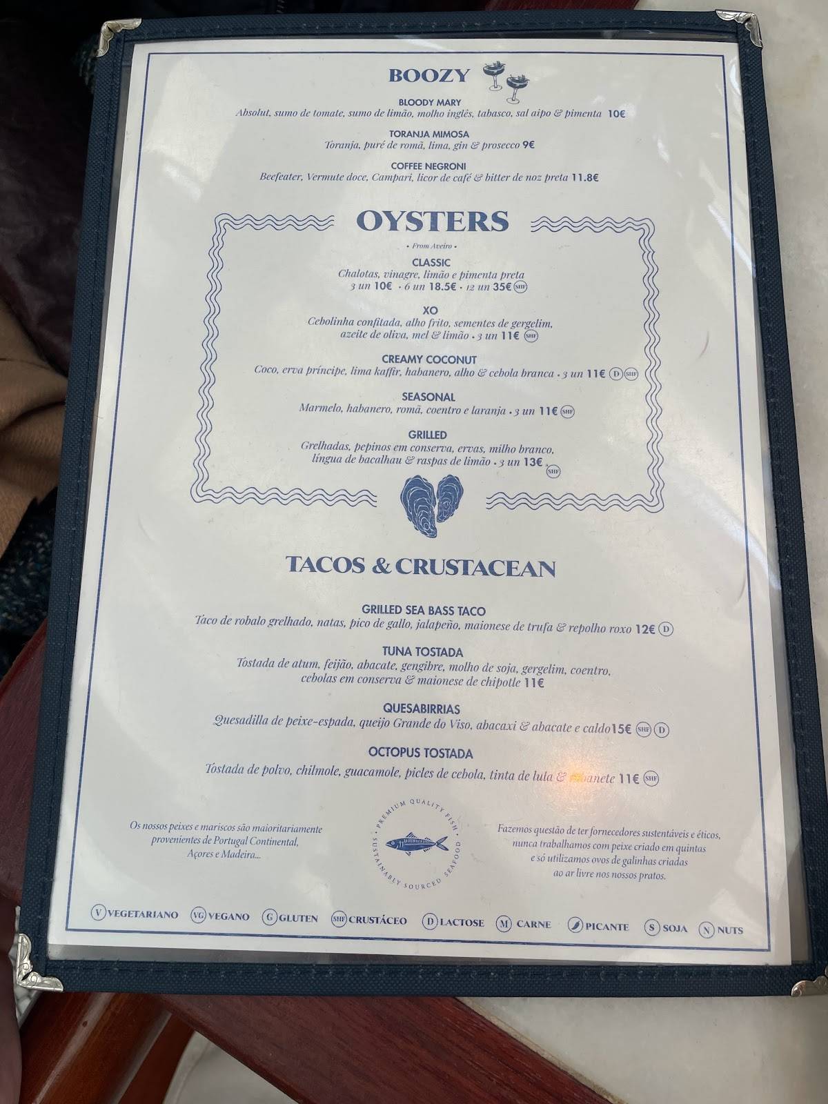 Menu at Rosamar restaurant, Lisbon