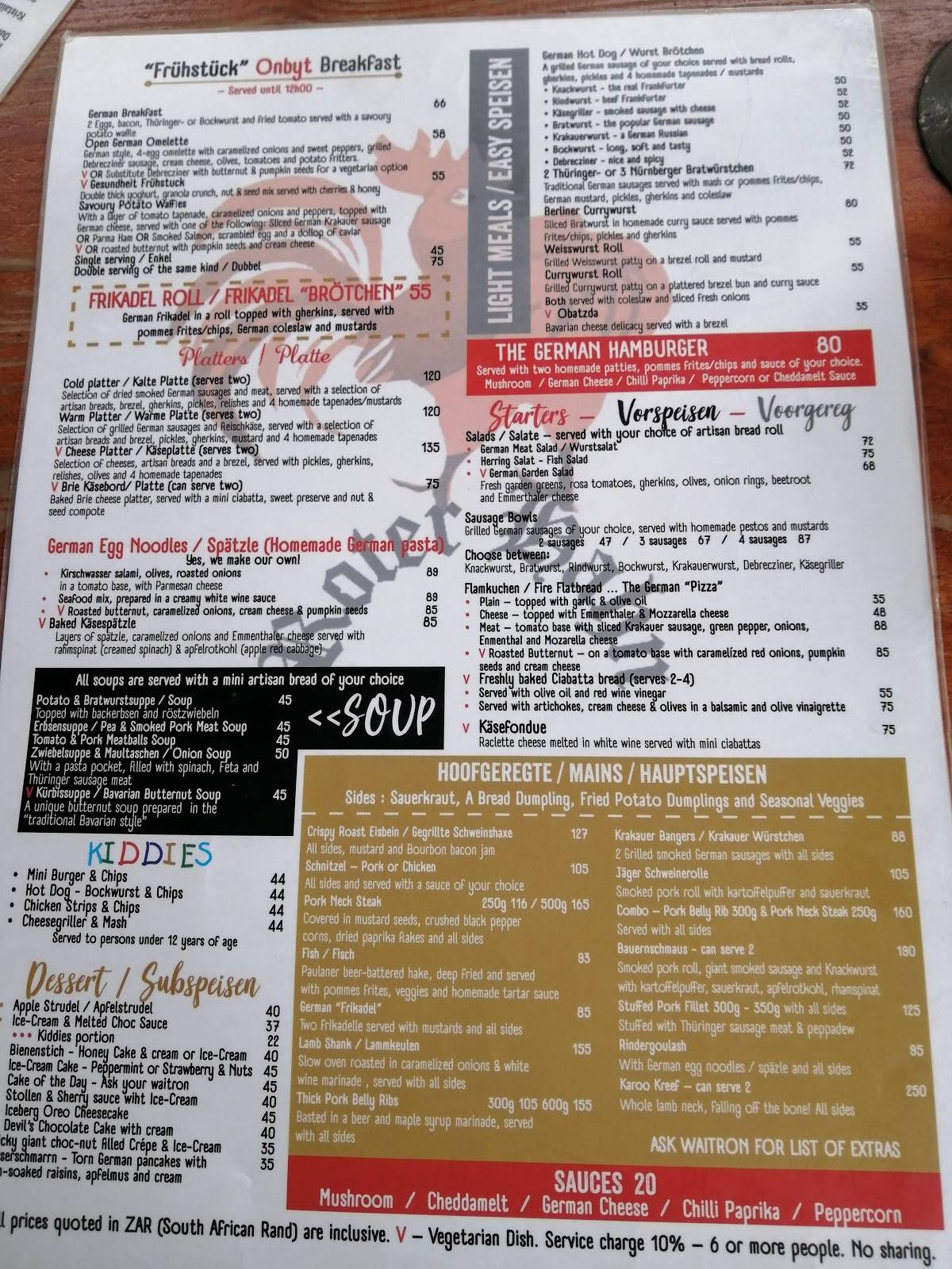 Menu at Roter Hahn restaurant, Clarens