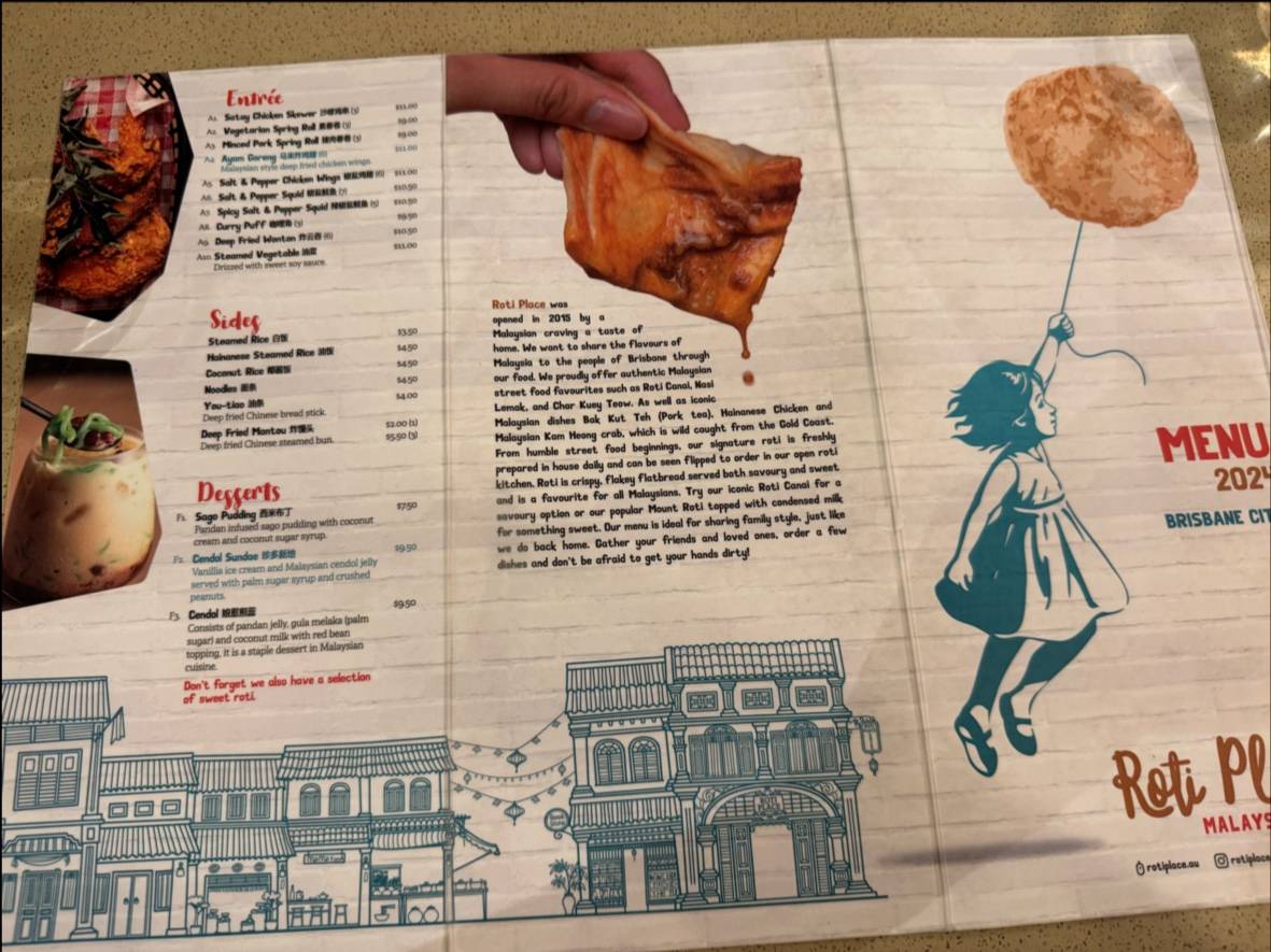 Menu at Roti Place restaurant, Brisbane City, 42 Charlotte St