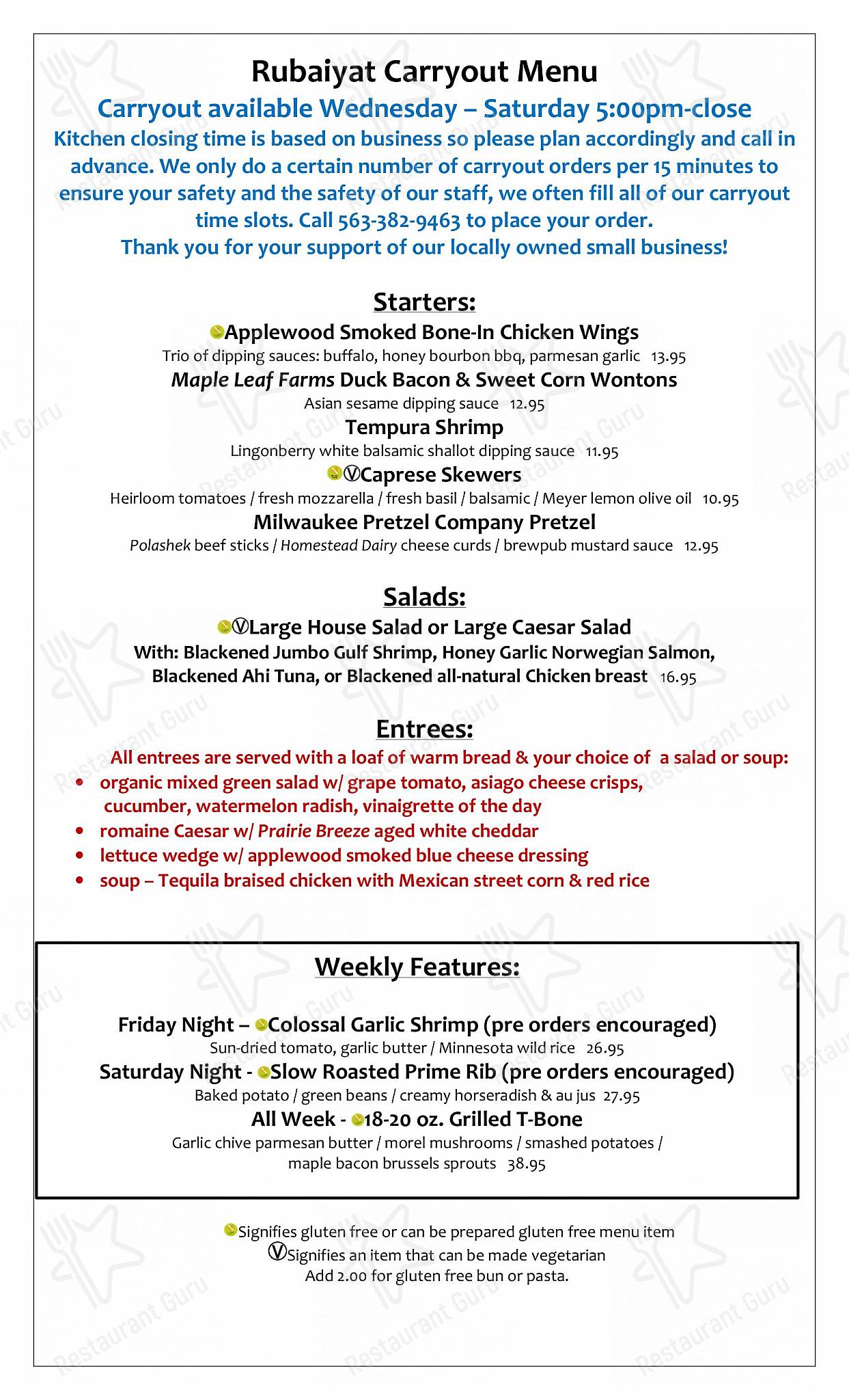 Menu at Rubaiyat Restaurant, Decorah