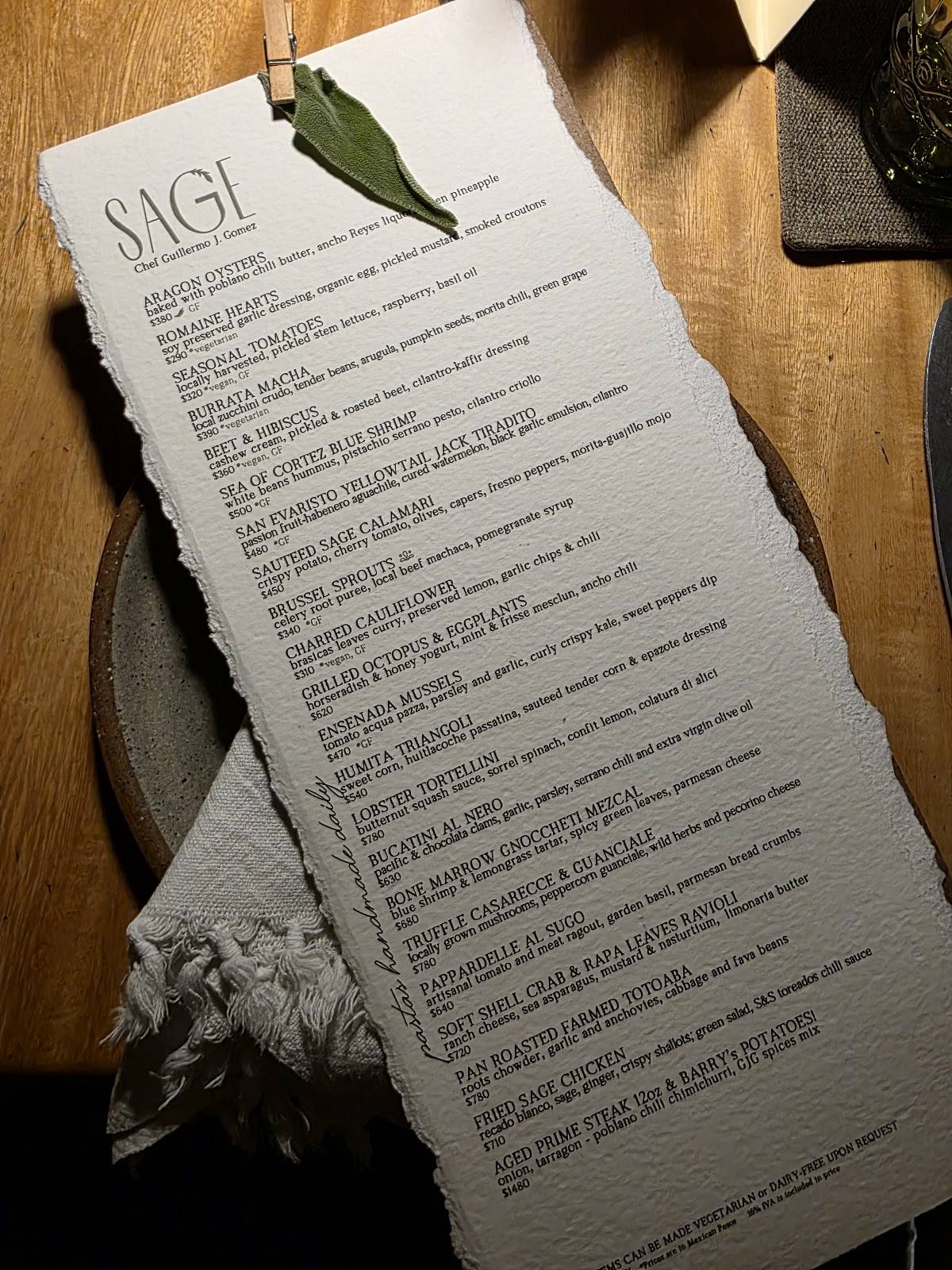 Menu at SAGE Baja restaurant, San José del Cabo