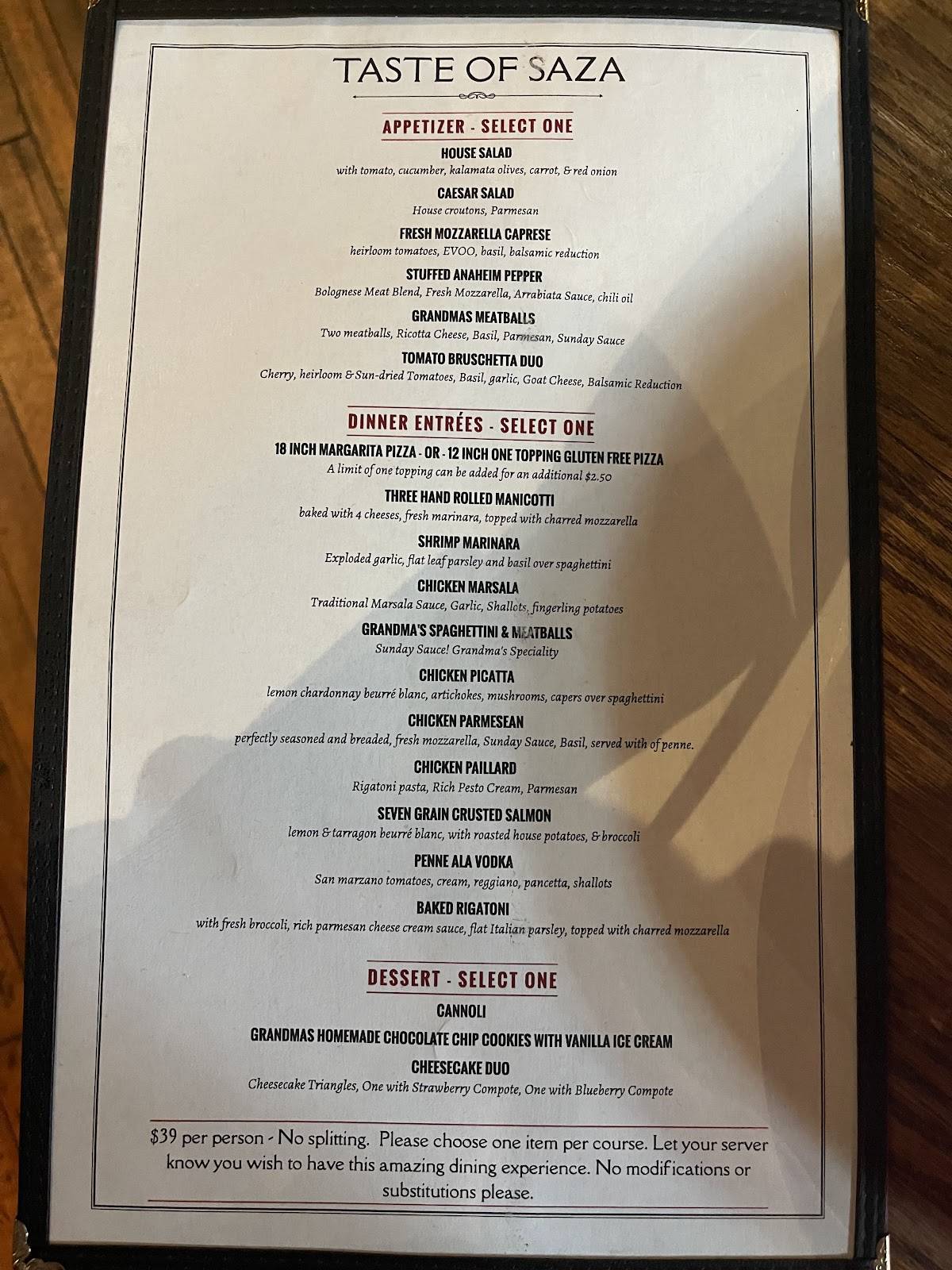 Menu at SaZa Serious Italian Food restaurant, Montgomery, 130 Commerce St