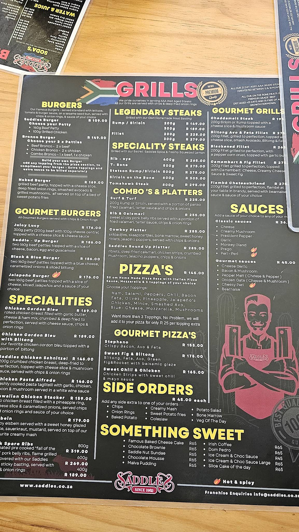 Menu at Saddles Steak Ranch Bottelary restaurant, Cape Town