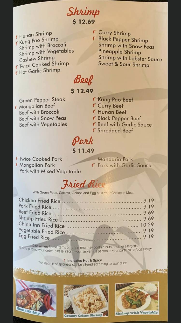 Menu at Sam's China Inn restaurant, Groves