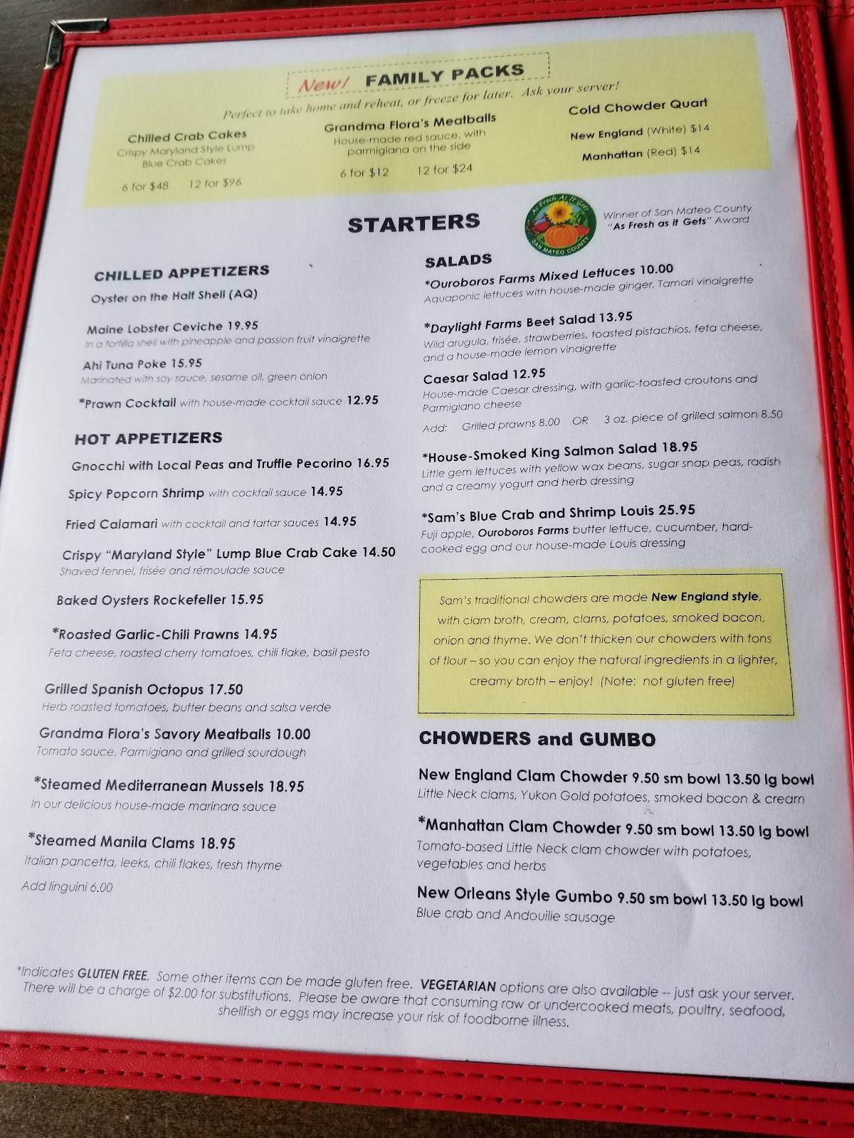 Menu at Sam's Chowder House restaurant, Half Moon Bay