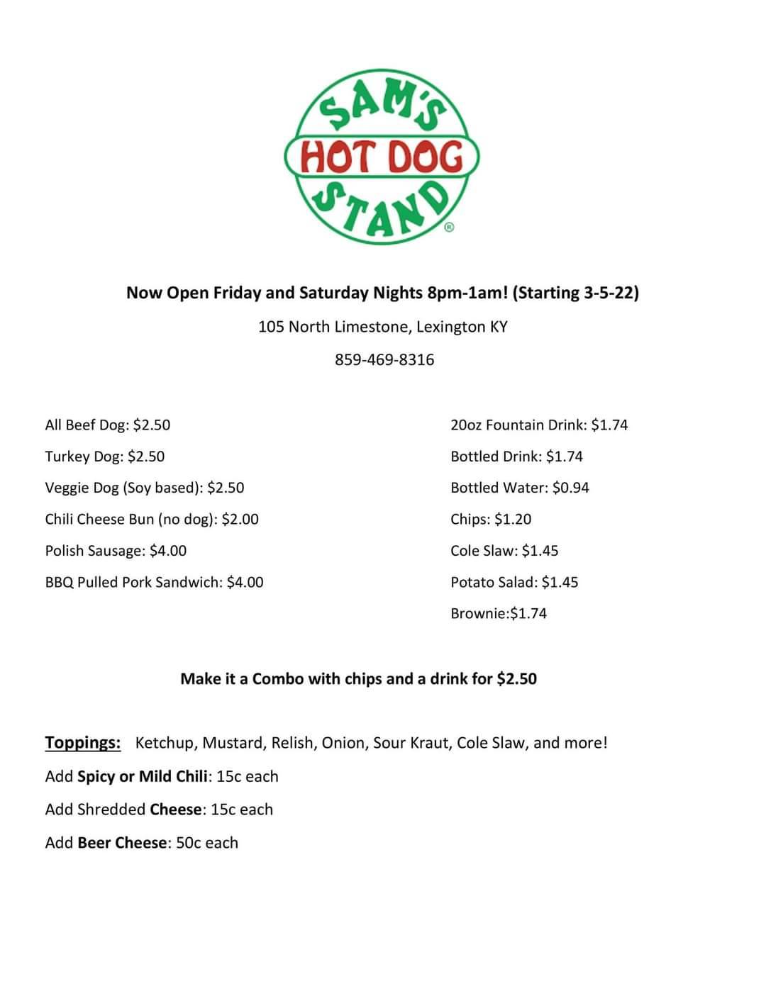 Menu at Sam's Hot Dog Stand, Downtown Lexington restaurant, Lexington ...