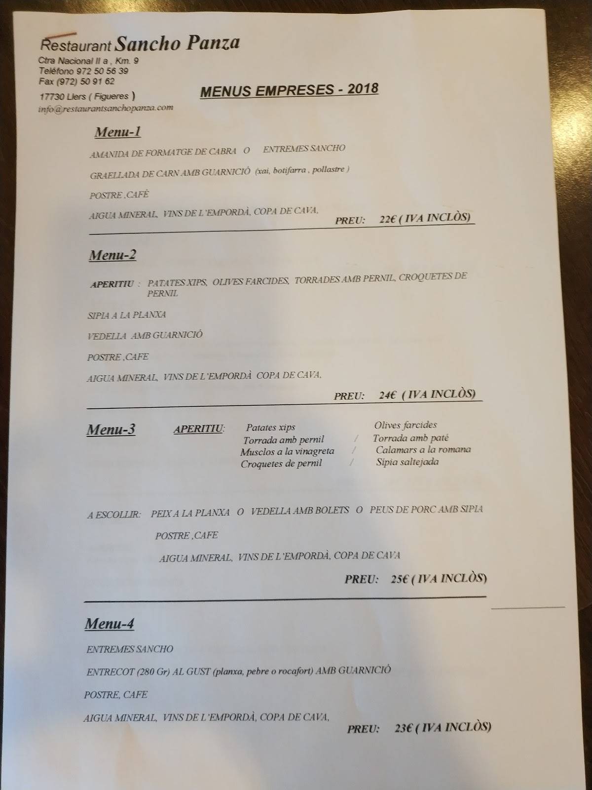 Menu at Restaurant Sancho Panza, Figueres, Carretera