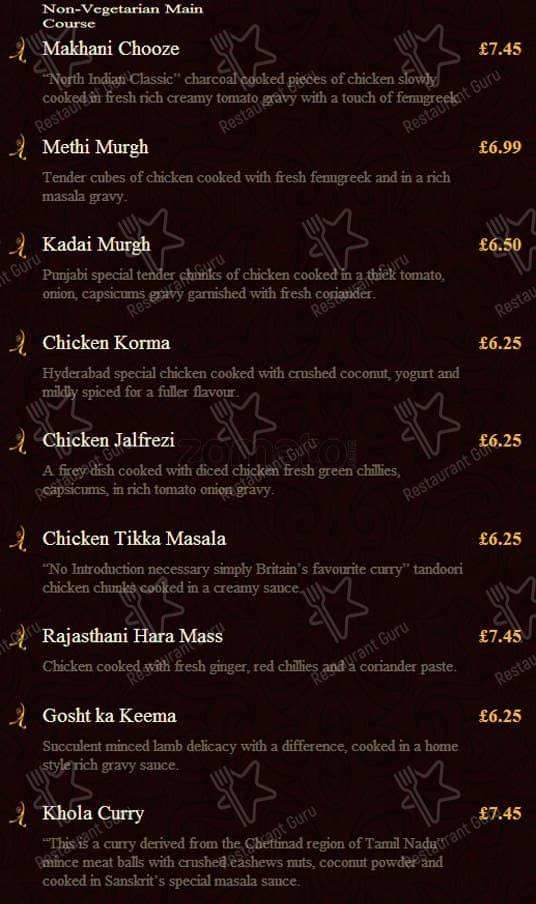 Menu at Sanskrit restaurant, Birmingham