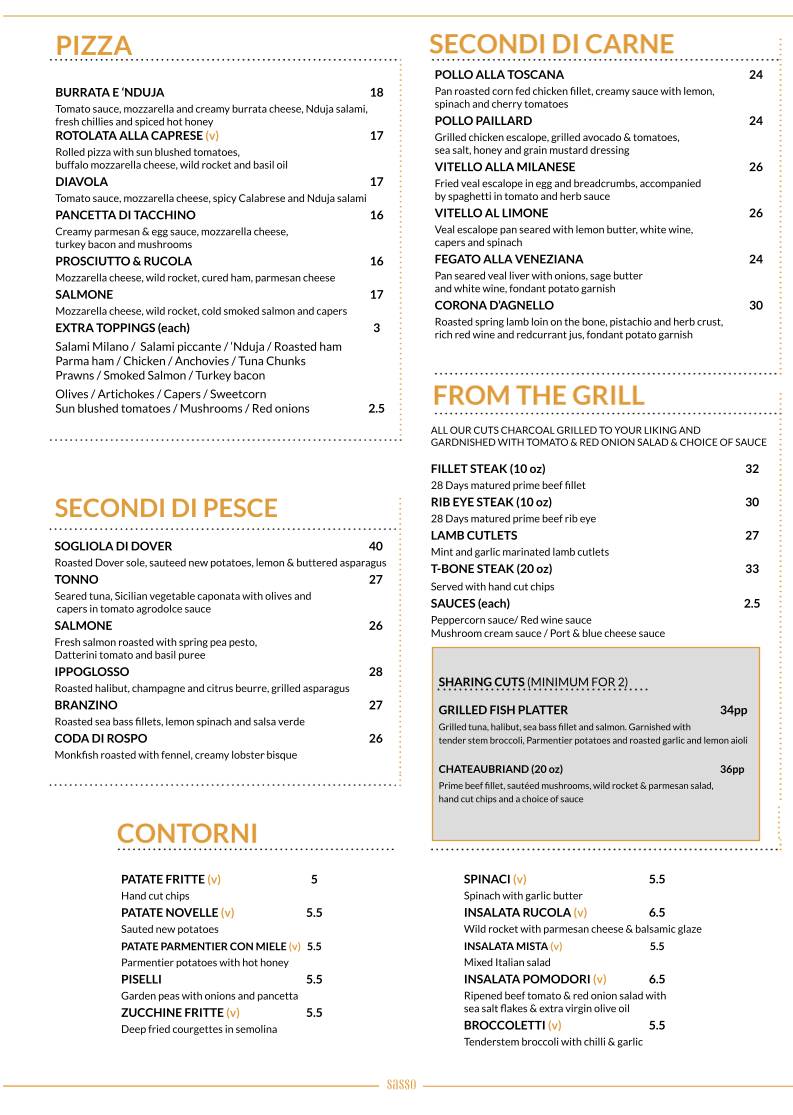 Menu at Sasso restaurant, Stockport