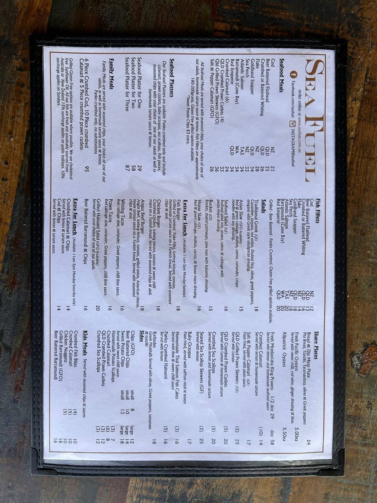 Menu at Sea Fuel West End restaurant, West End, 57 Vulture St