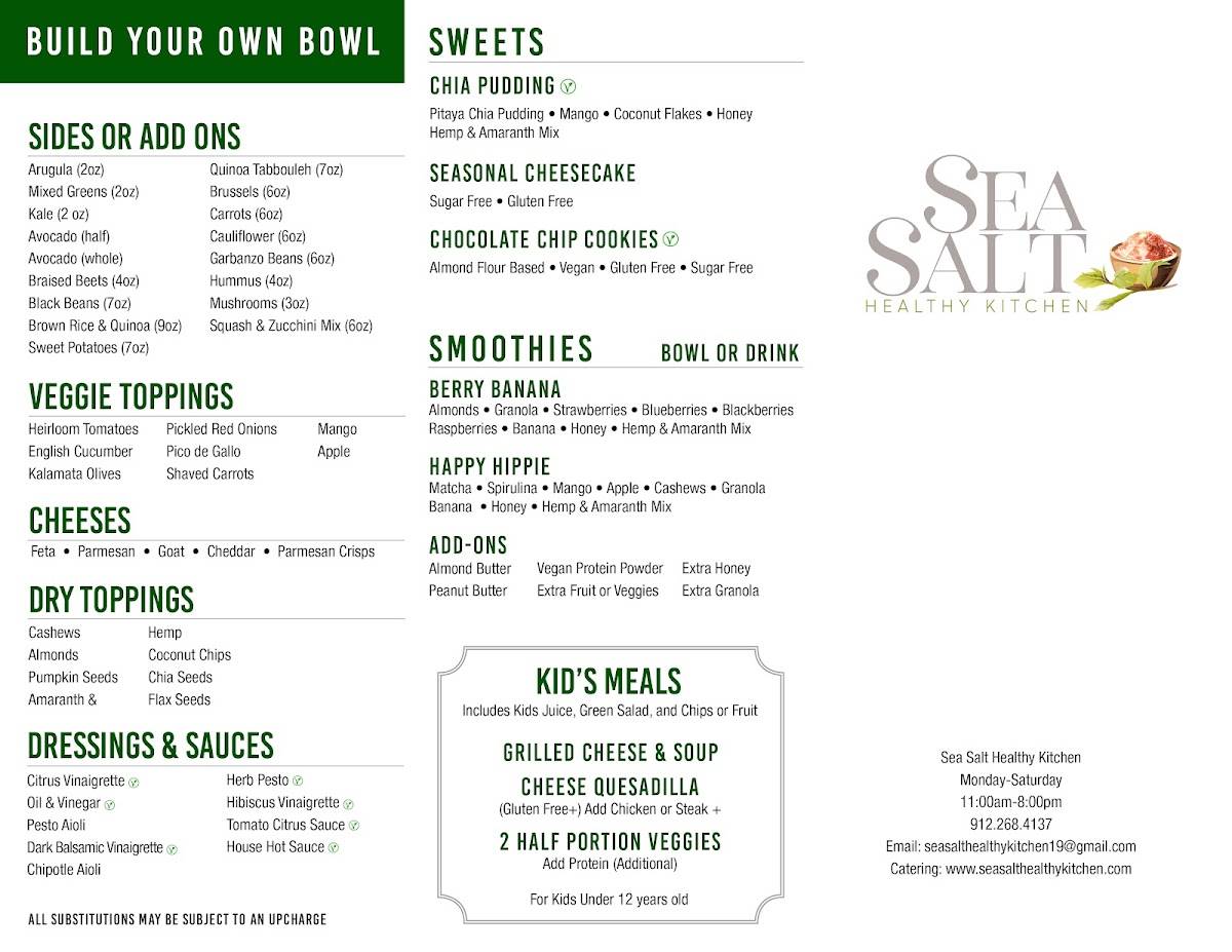 Menu at Sea Salt Healthy Kitchen restaurant, Saint Simons Island