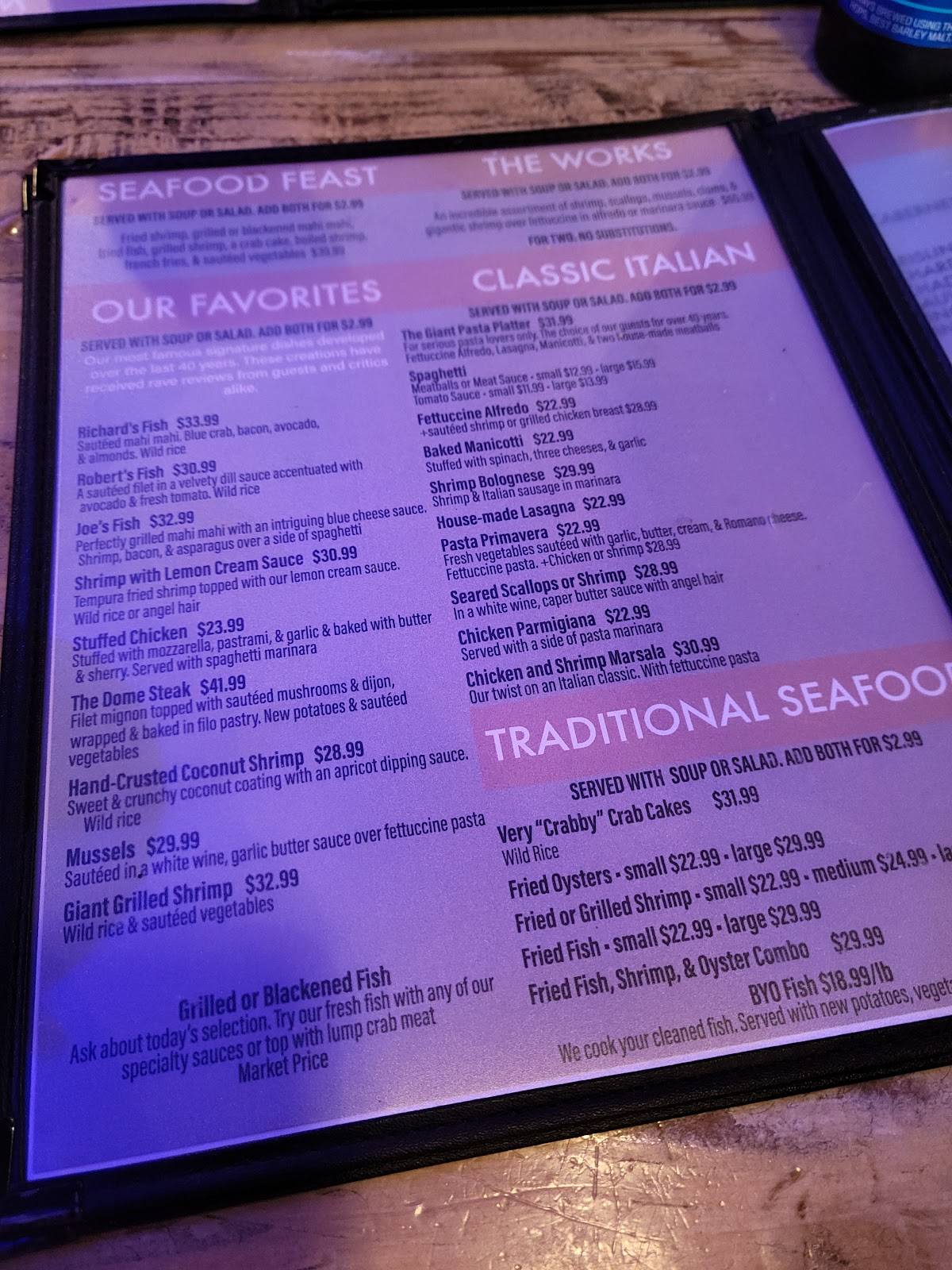 Menu at Seafood & Spaghetti Works restaurant, Port Aransas
