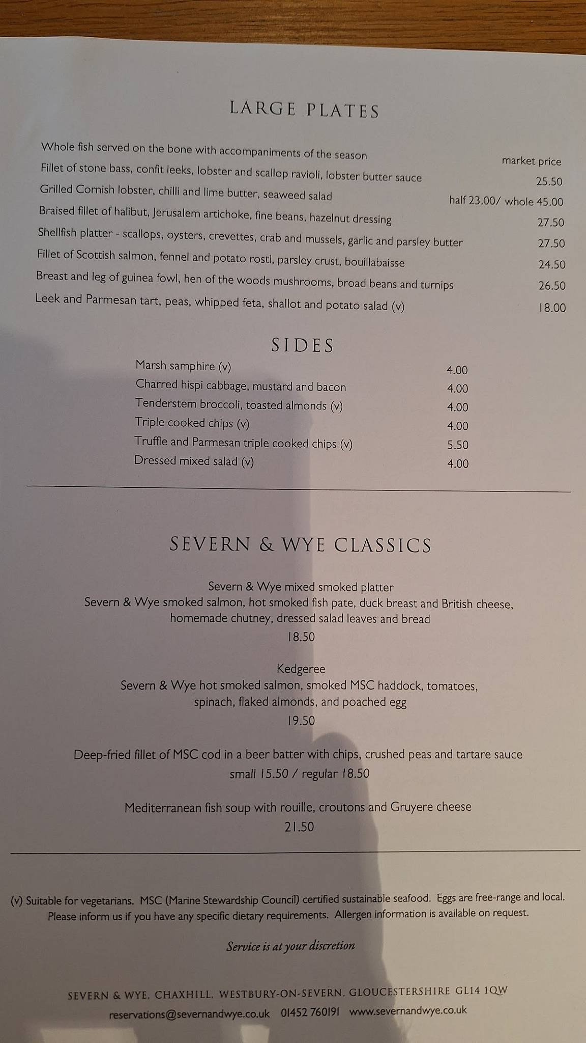 Menu at Severn & Wye Smokery restaurant, Westbury-on-Severn