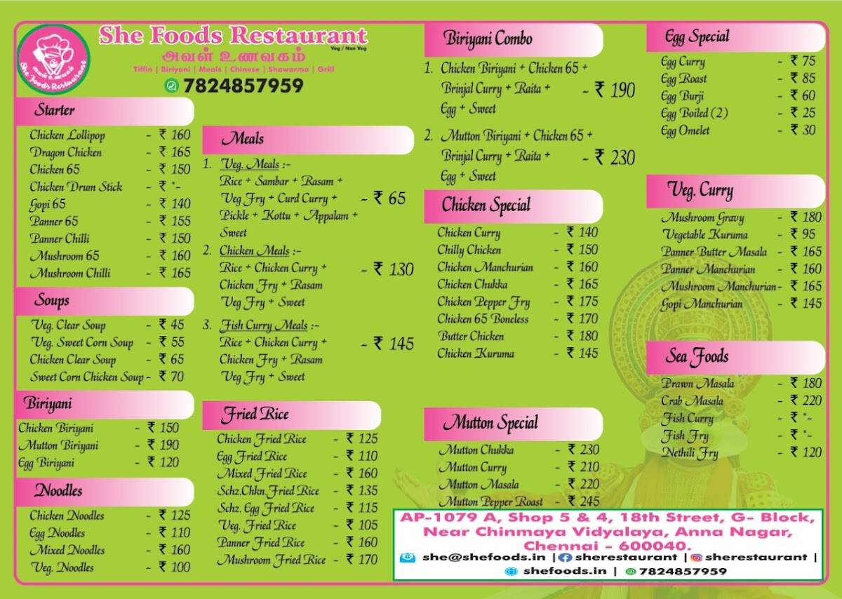 Menu at She Foods Restaurant, Chennai